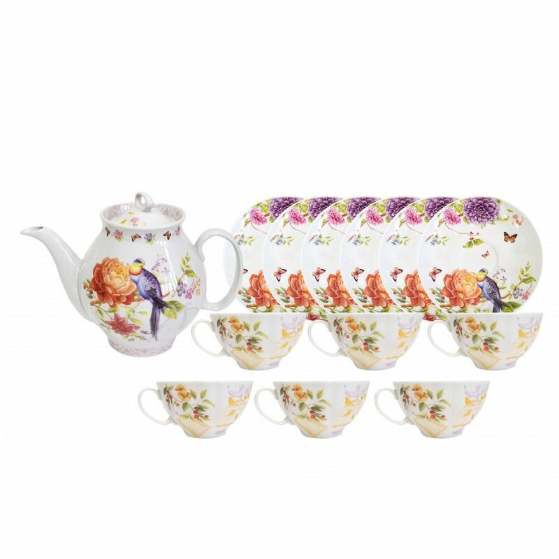 Чайный сервиз фарфоровый 13 предметов Дулево форма Белый лебедь "Птичка Королек"