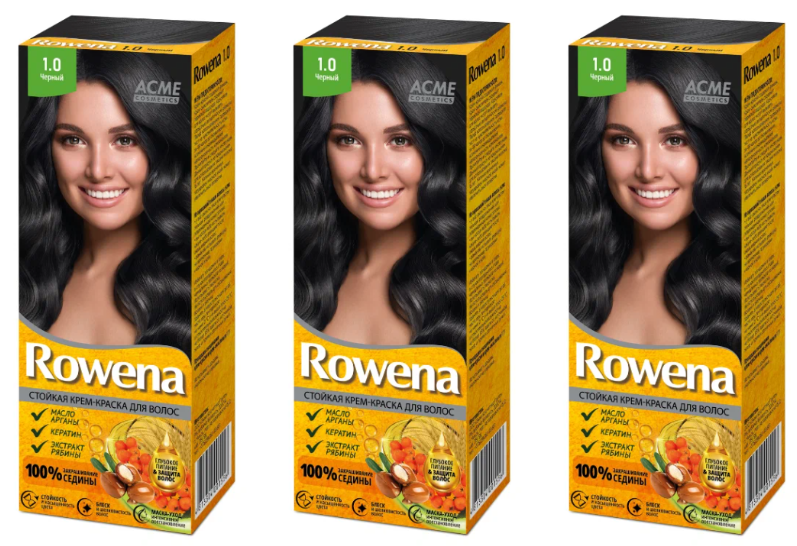 Стойкая крем-краска для волос Rowena, тон 1.0 Черны, с аммиаком, 115 мл, 3 шт