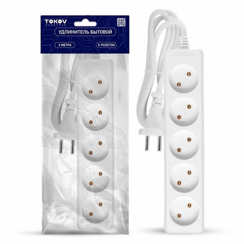 Удлинитель силовой TOKOV ELECTRIC 5х3 м, без заземления, 10А, 2х0.75 мм2