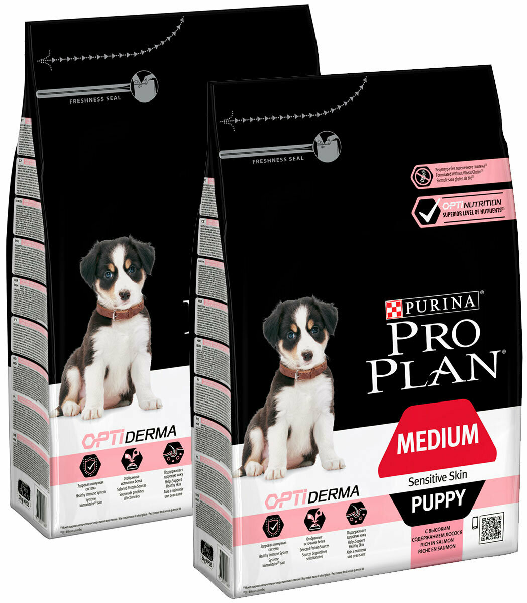 PRO PLAN OPTIDERMA PUPPY MEDIUM SENSITIVE SKIN для щенков средних пород с чувствительной кожей с лососем и рисом (3 + 3 кг)