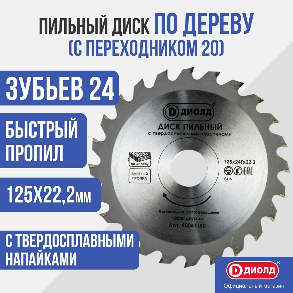 Пильный диск по дереву Диолд для МШУ 125х24Тx22,2 мм (переходник на 20мм)
