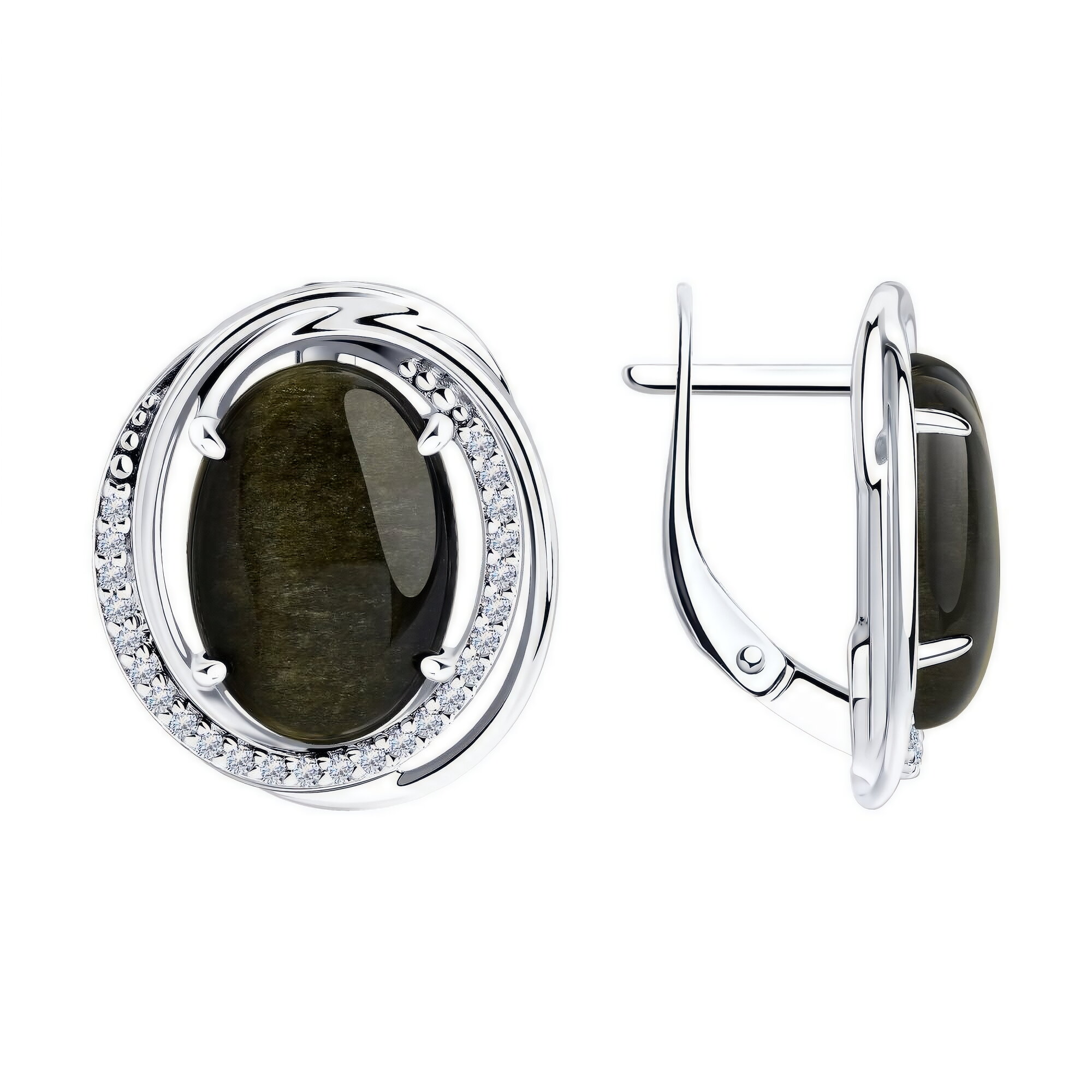 Серьги, серебро, 925 проба, серебрение, обсидиан, фианит