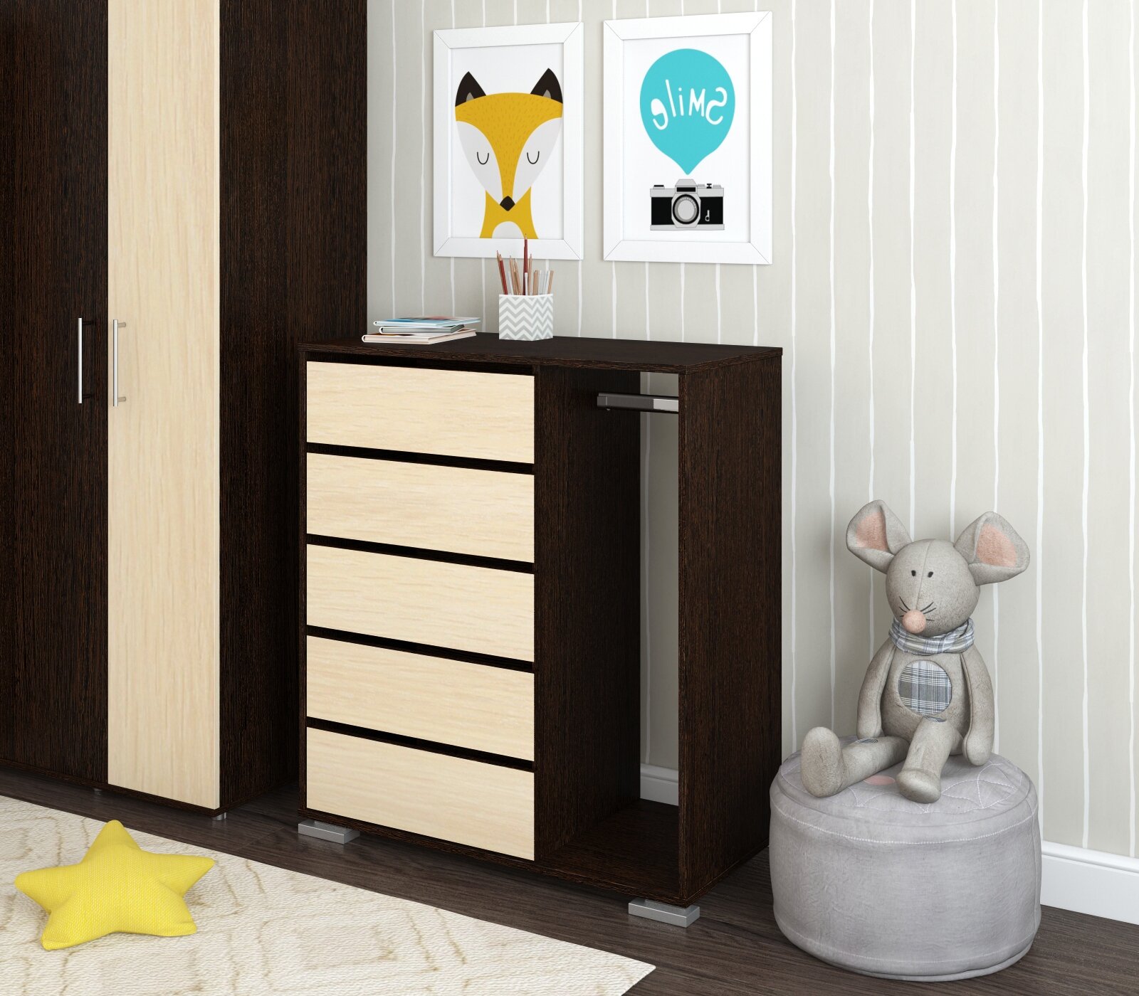 Шкаф, комод, шкаф-комод с ящиками, со штангой Есэндвич Лаворо, 90x43х102 см, левый (Венге/Выбеленный Дуб)