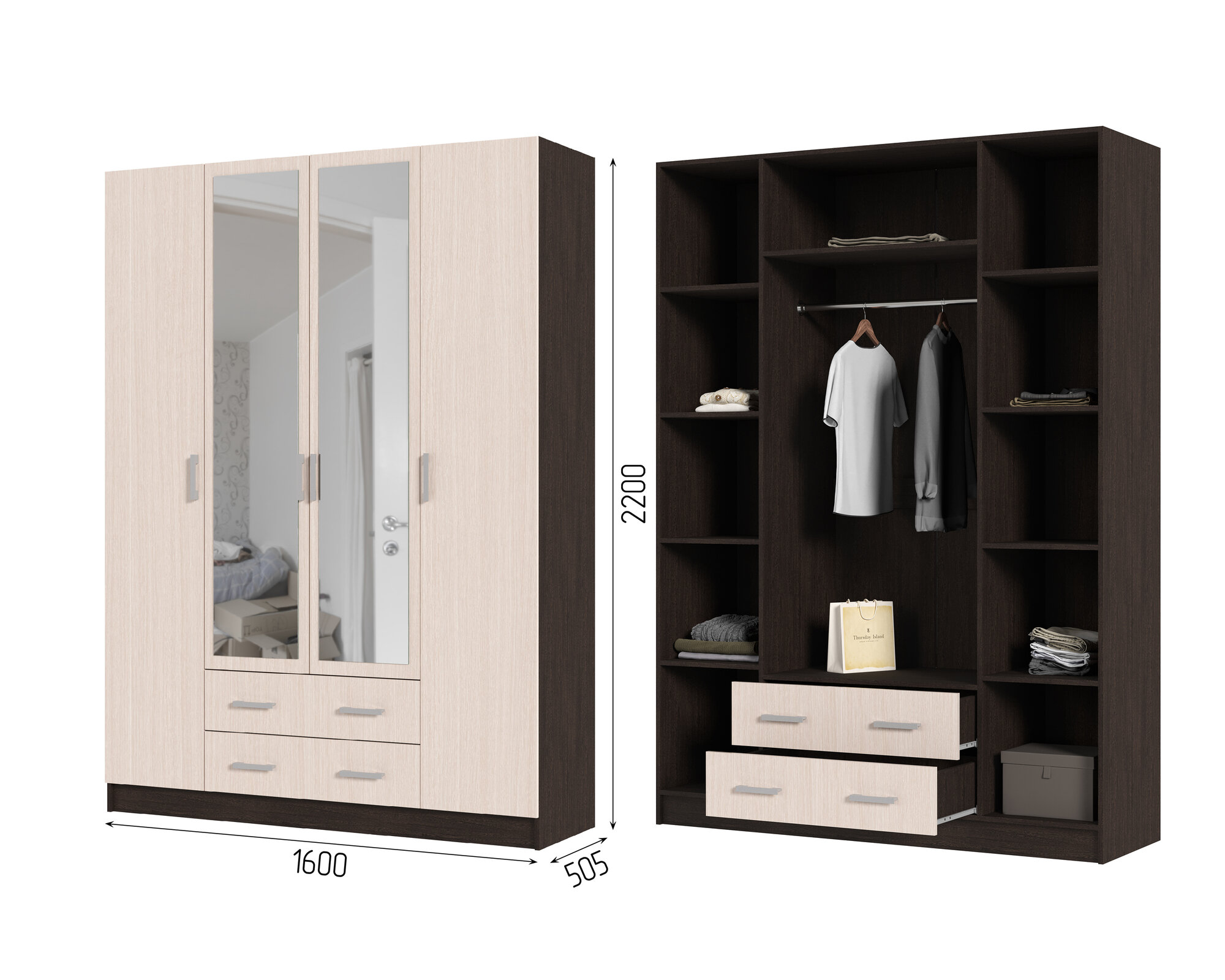 Шкаф 4х створчатый гармония ШК 602 М (1,6х2,2х0,5) цвет Венге-Дуб молочный Стендмебель