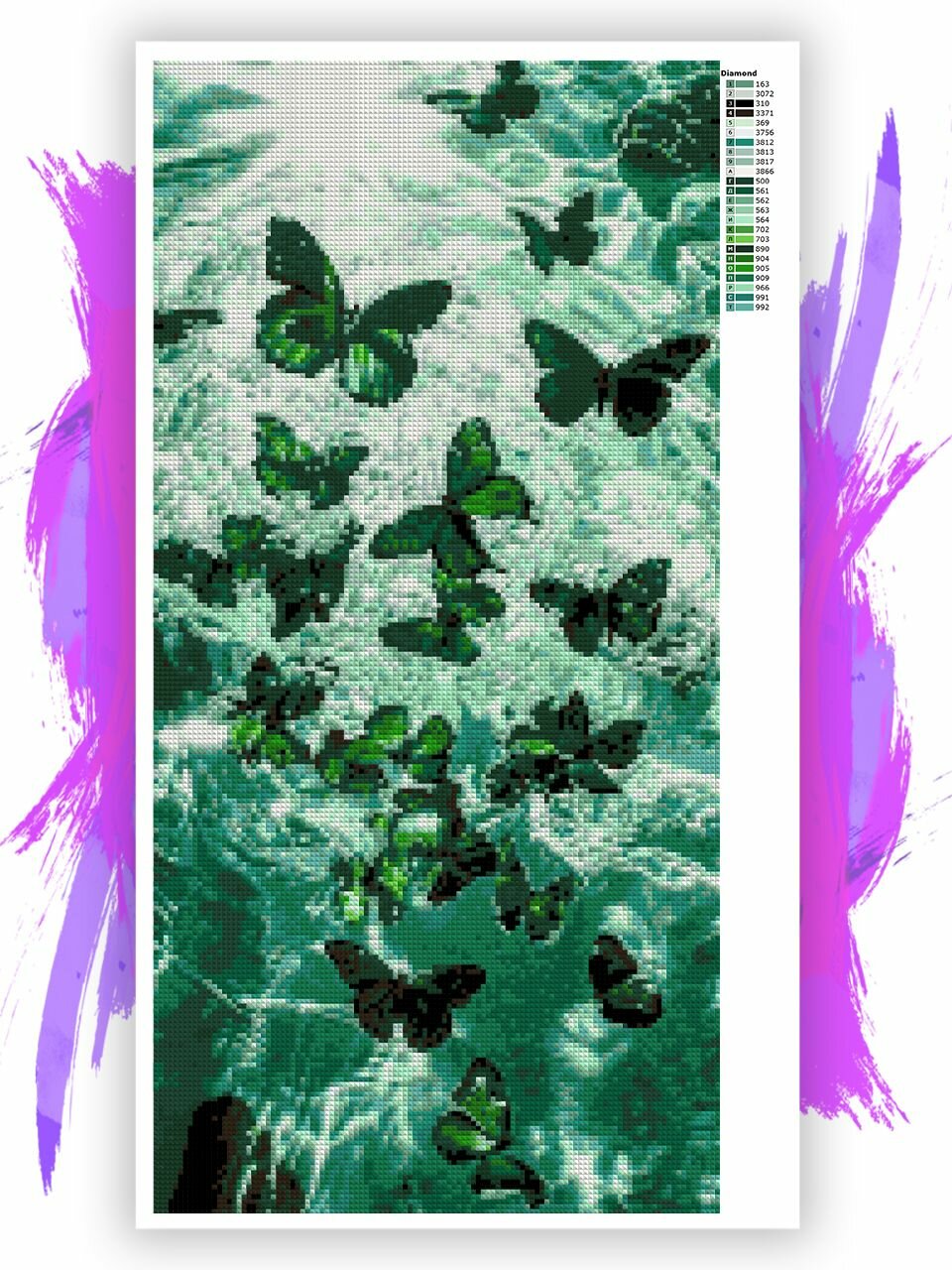 Алмазная мозаика без подрамника - вышивка Изумрудные бабочки 30 х 60 см