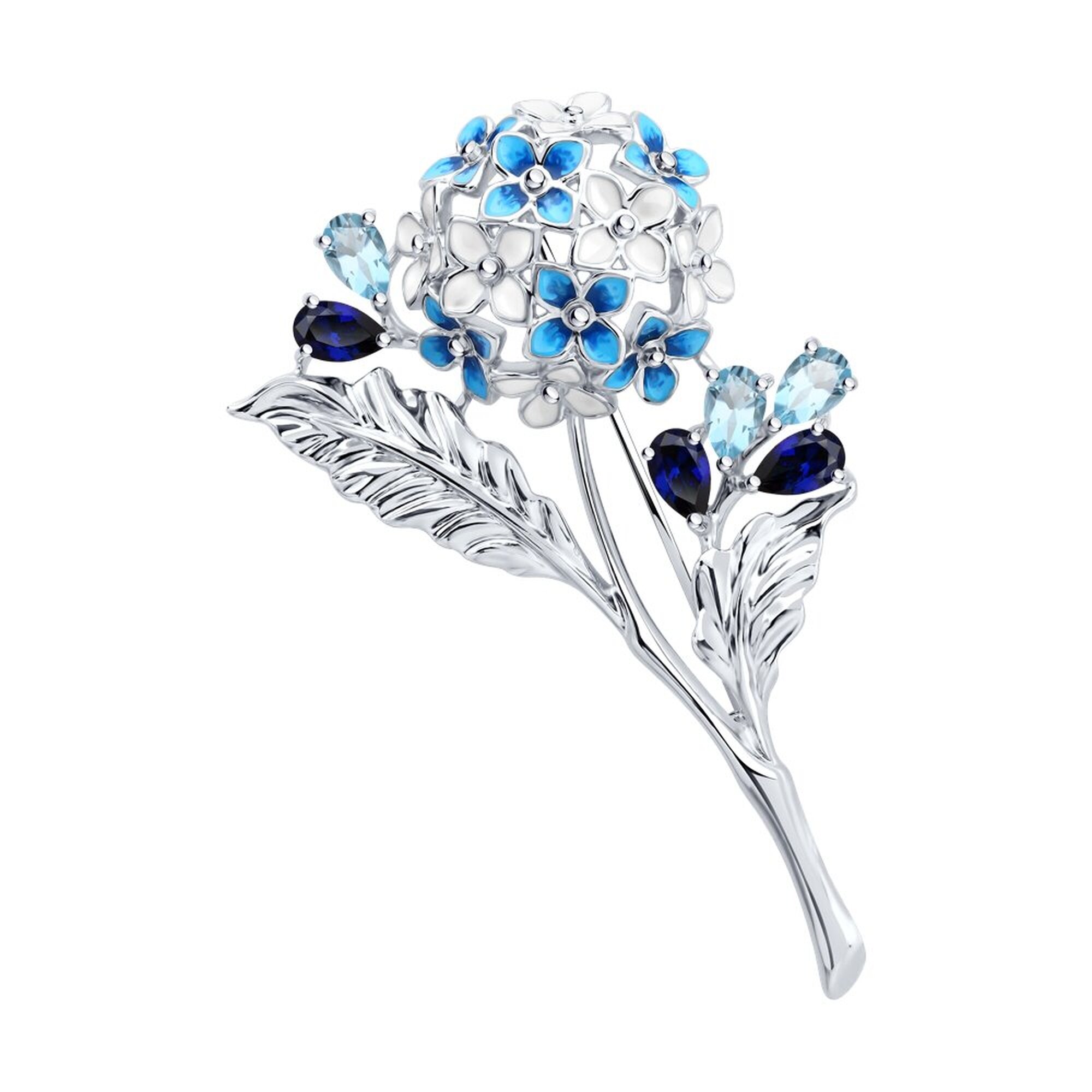 Брошь, серебро, 925 проба, родирование, топаз, эмаль, сапфир синтетический