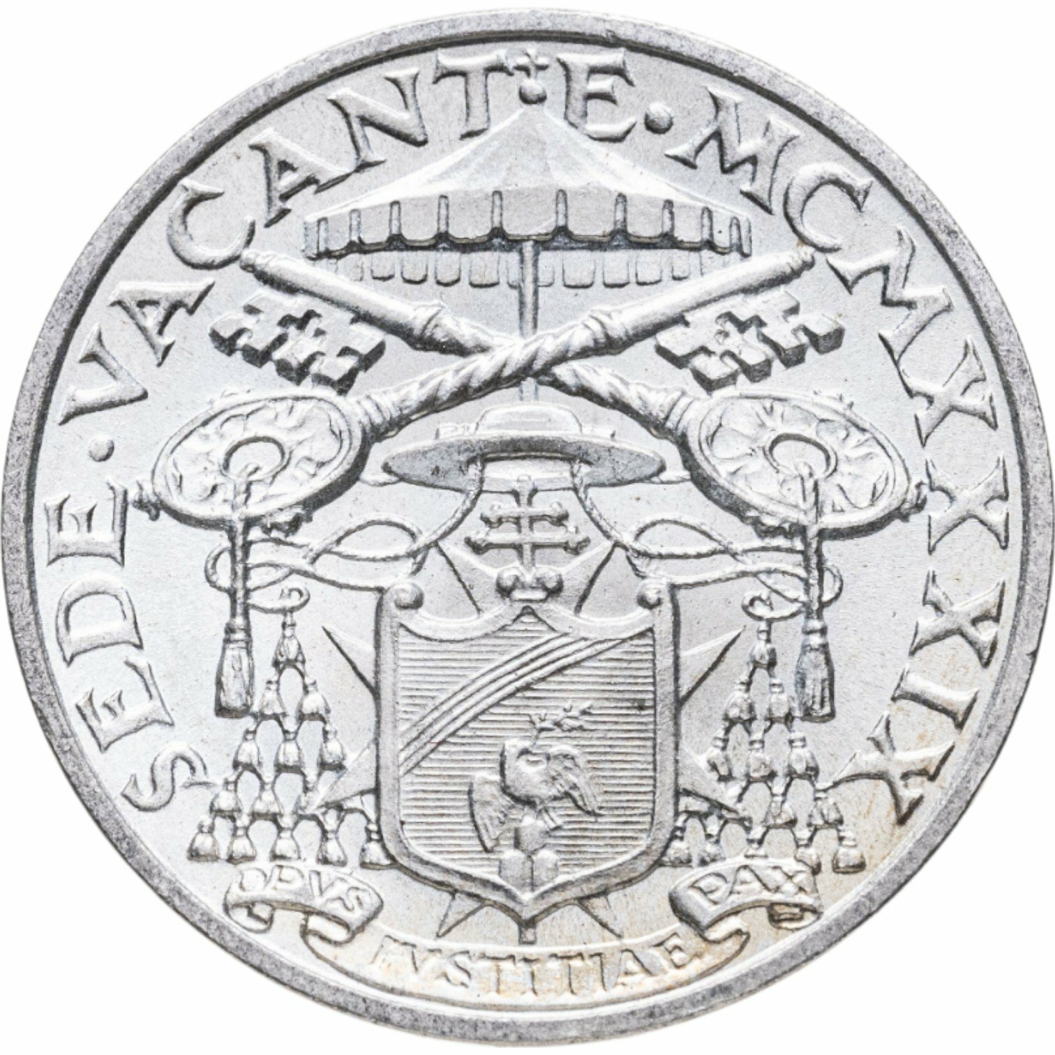 Ватикан 5 лир lire 1939 "Вакантный престол", Серебро 835, в сохранности UNC