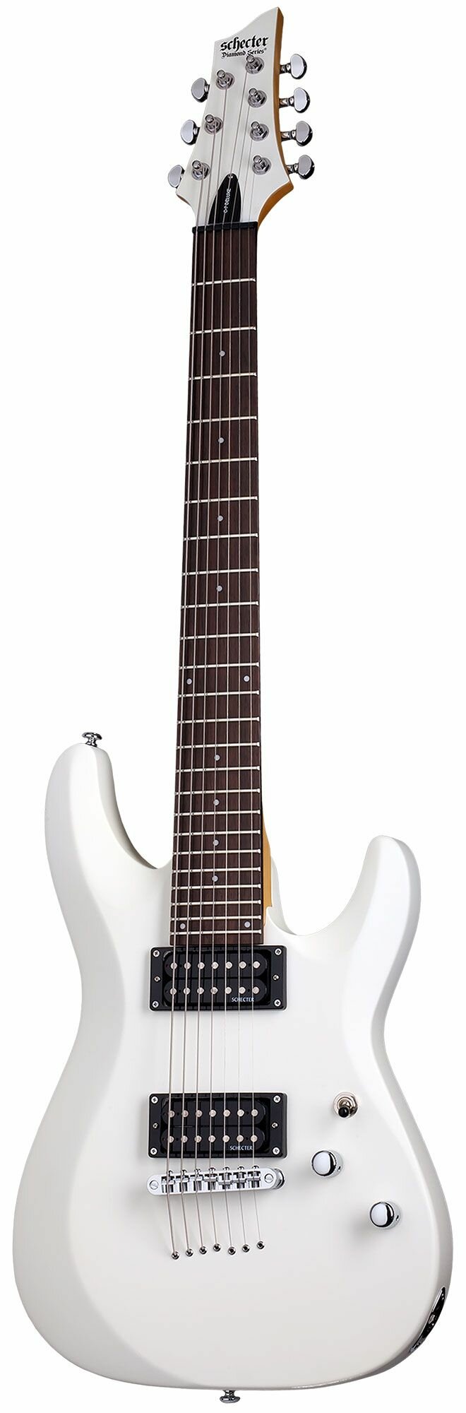 SCHECTER C-7 DELUXE SWHT - 7-струнная электрогитара, 24 лада. Корпус: липа. Гриф: клен. Накладка грифа: палисандр. Звукосниматели: Н/Н Schecter Diamond Plus. Переключатель звукоснимателей: 3-позиционный. Регуляторы: 1V/1Т. Цвет: матовый белый