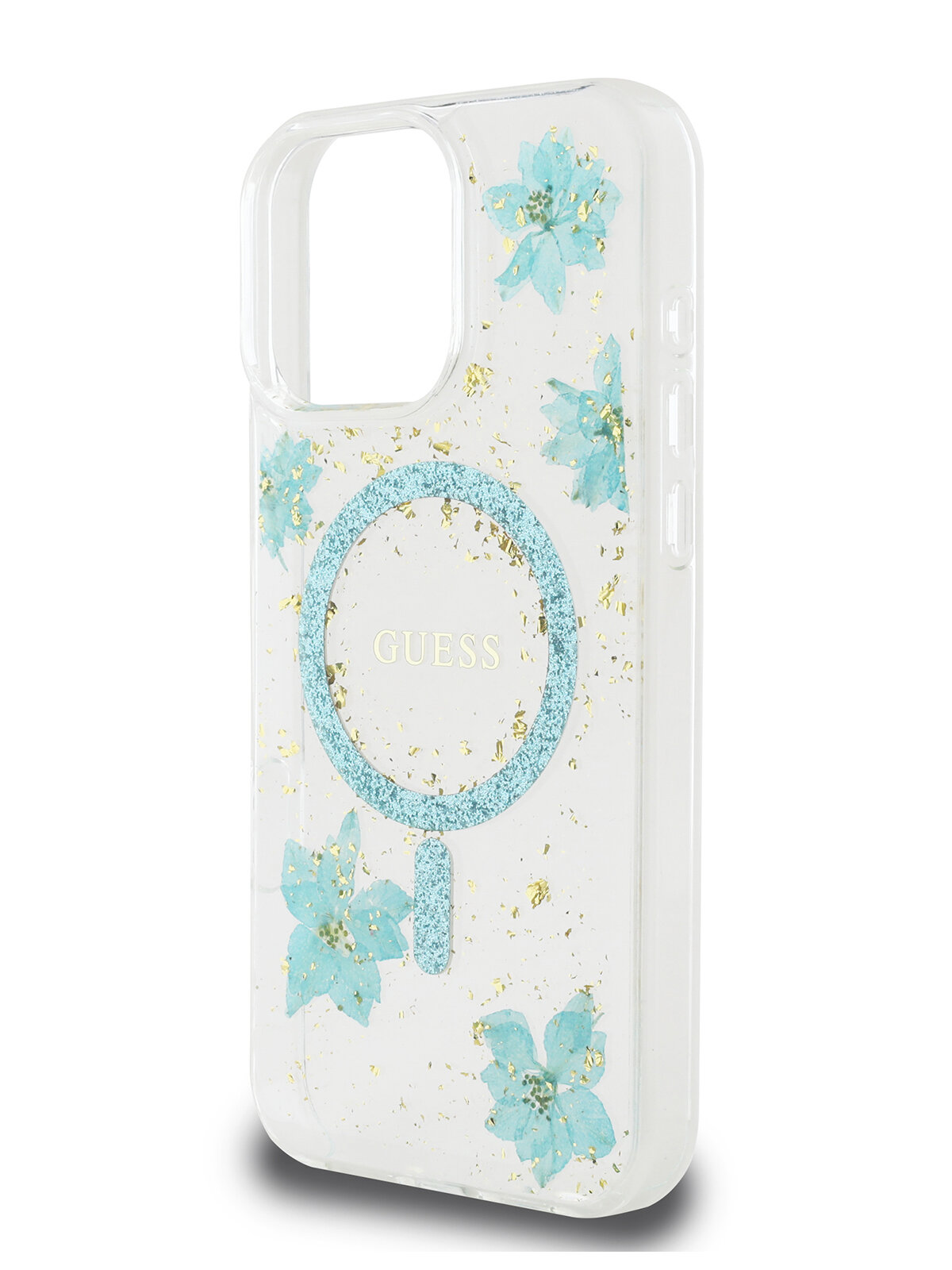 Guess для iPhone 16 Pro Max чехол PC/TPU Real Dried Flowers and Glitters Hard Turquoise (MagSafe)