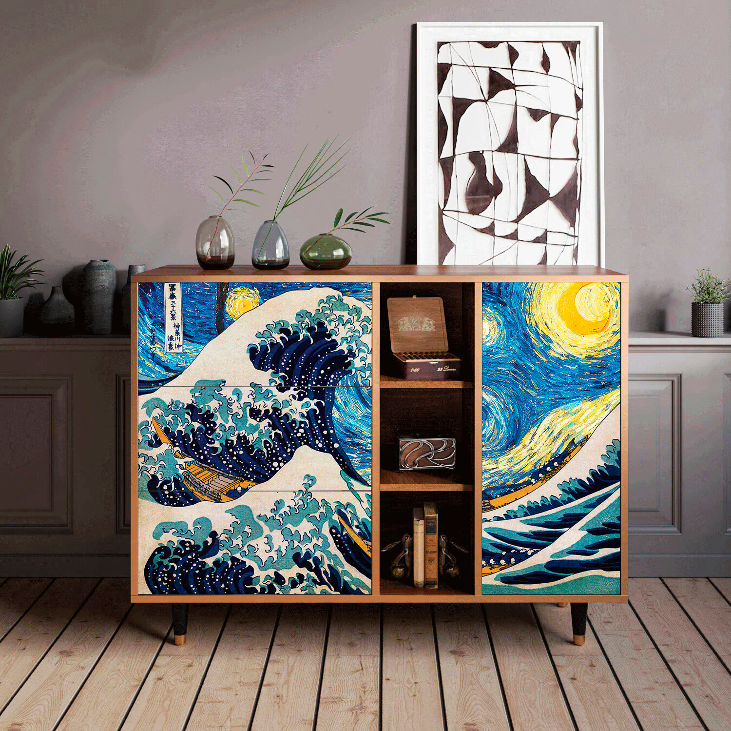 Комод - STORYZ - BS2 The Great Wave off Kanagawa by Hokusai, Разер - 125 x 97 x 48 см , Цвет корпуса - Орех