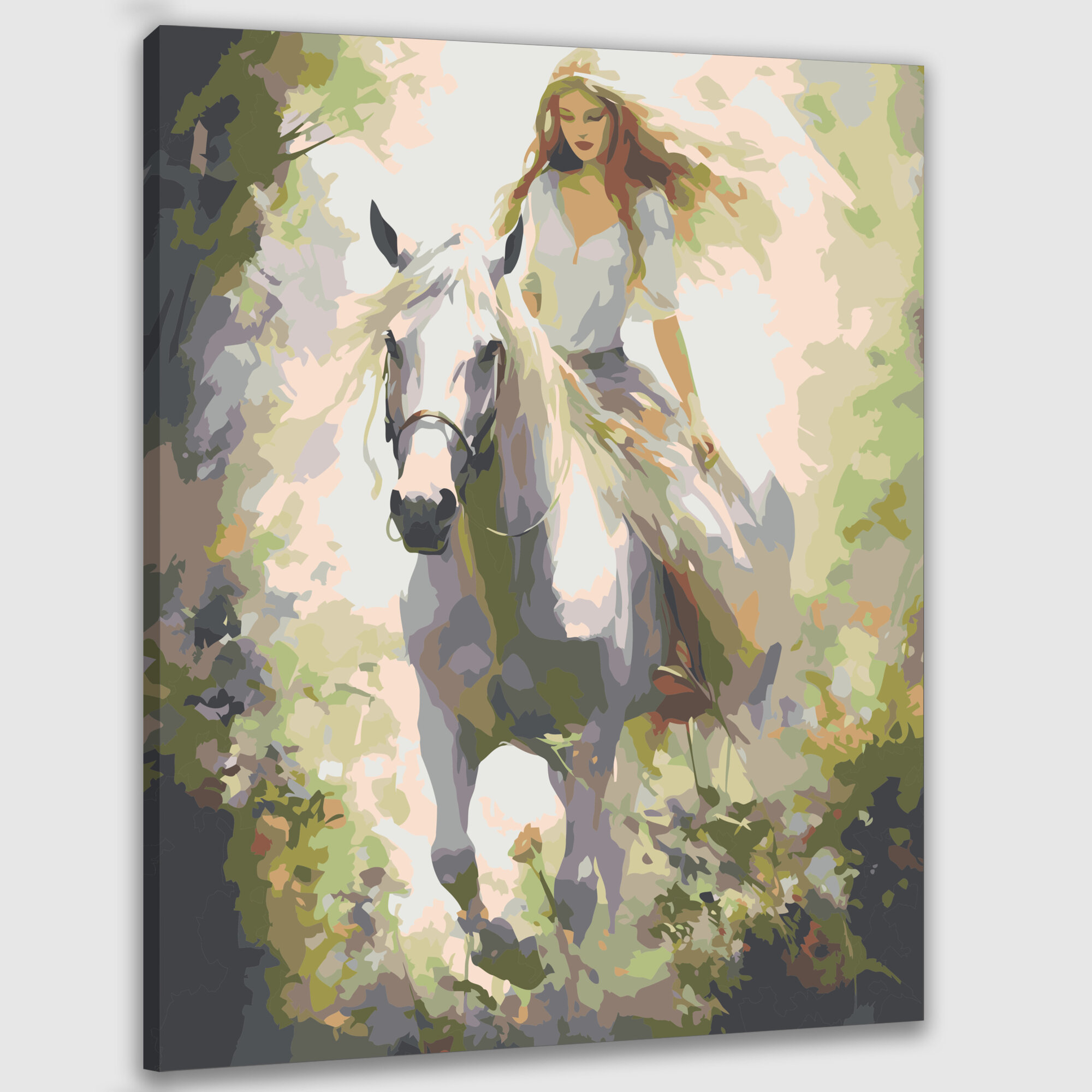 Картина по номерам 40x50 см, акварельная картина, принцесса, белая лошадь, солнечный луг, распущенные волосы, ветерок