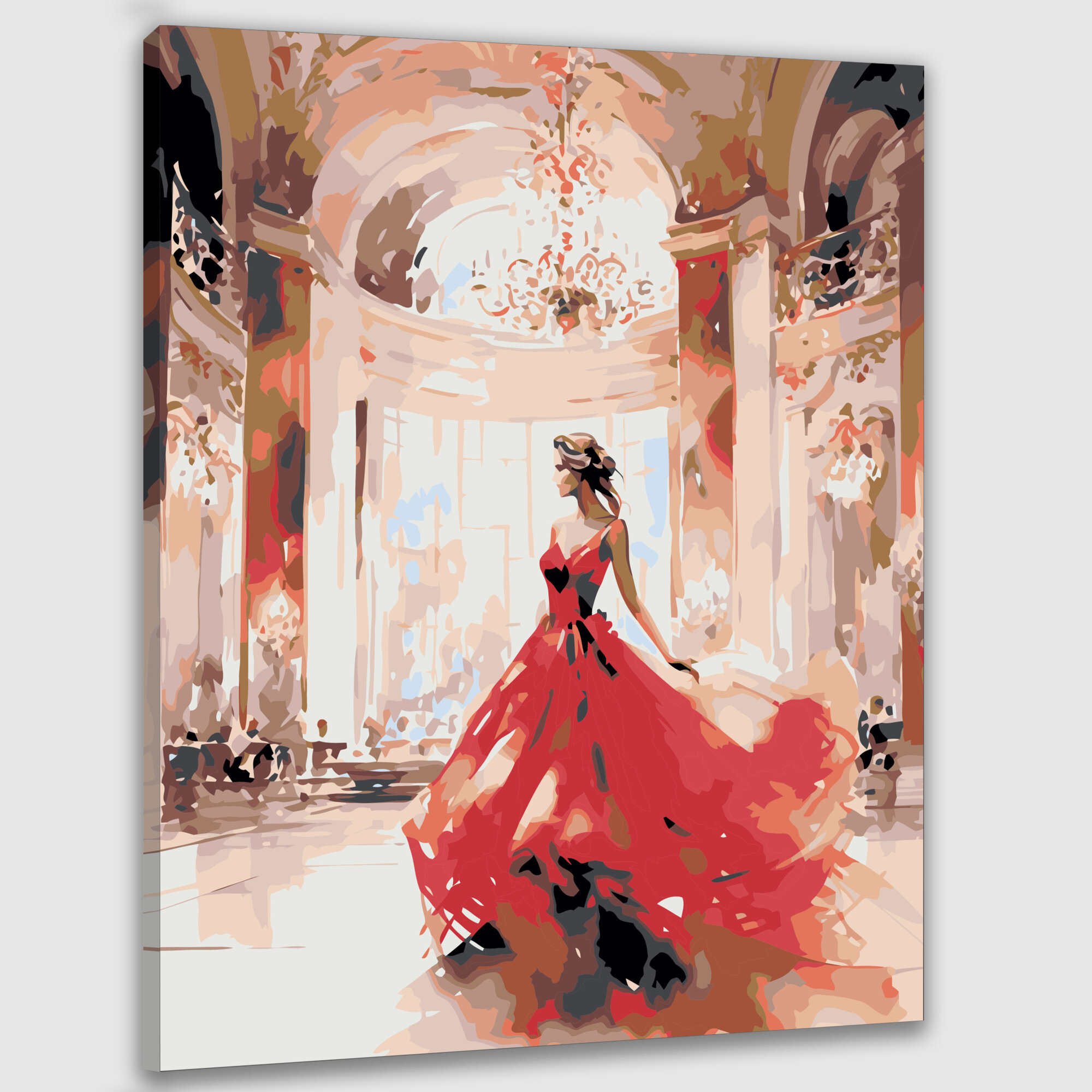 Картина по номерам 40x50 см, акварель, иллюстрация, принцесса, красное платье, бальный зал, струящееся платье, окна