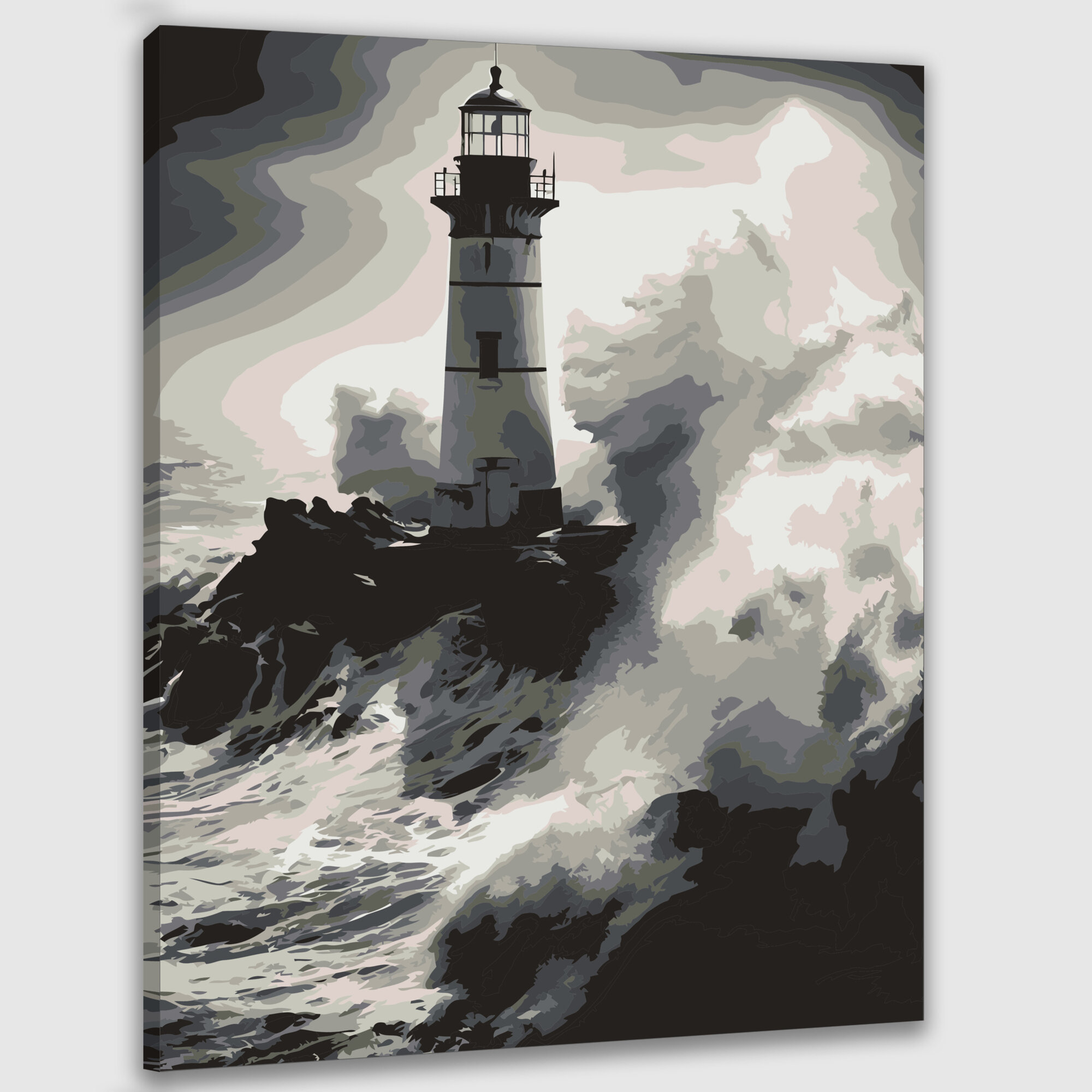 Картина по номерам 40x50 см, маяк, фотография, черно-белая, разбивающиеся волны, море, свобода, надежда, океан, свет