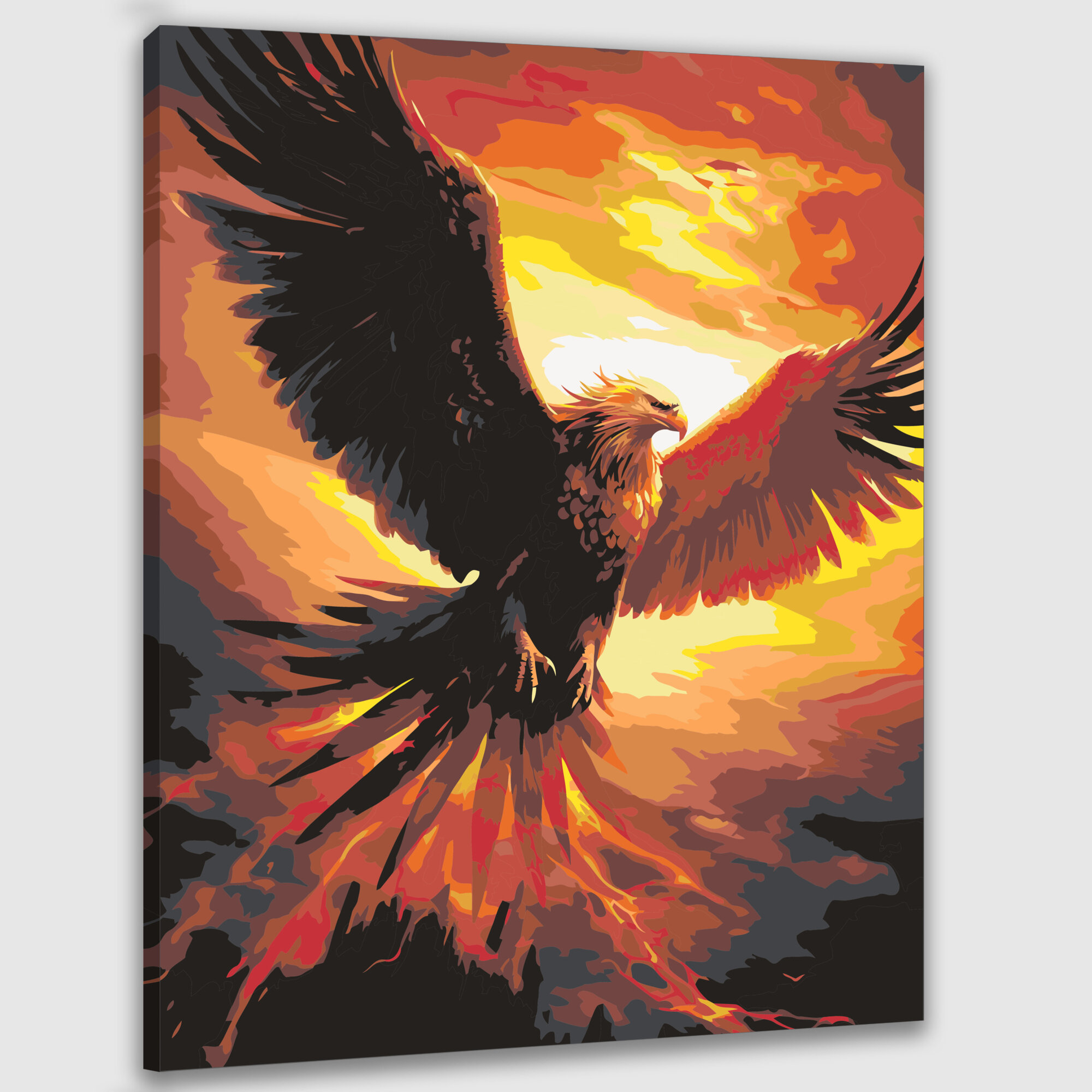 Картина по номерам 40x50 см, орел-дракон, закатное небо, крылья, перья, огненно-красный, золотисто-желтый