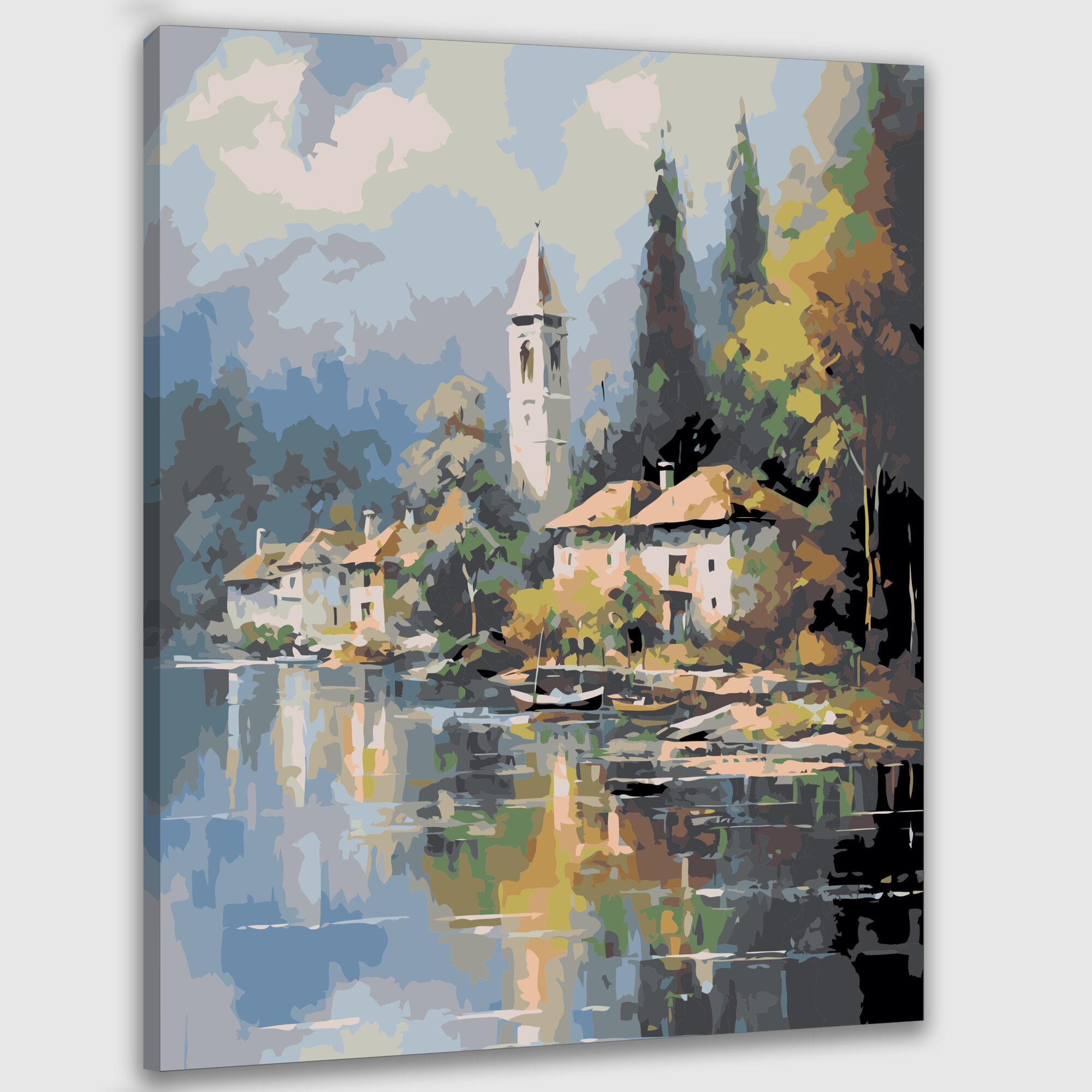 Картина по номерам 40x50 см, акриловая картина, деревня, озеро, лес, архитектура, дома, церковь, рыночная площадь