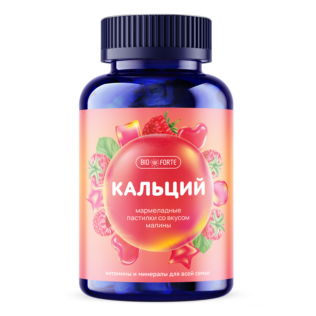Кальций для всей семьи 60 мармеладок, витамины BioForte малиновый вкус