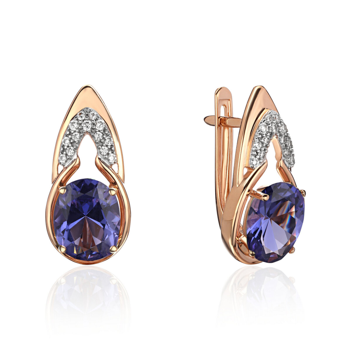 Серьги, красное золото, 585 проба, фианит, танзанит