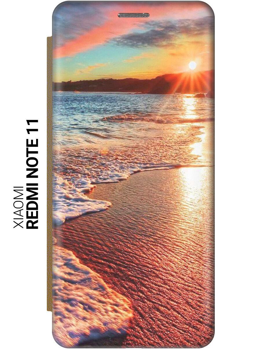 Чехол-книжка на Xiaomi Redmi Note 11, Note 11S, Сяоми Редми Ноут 11, Ноут 11С с 3D принтом "Залитый светом пляж" золотой