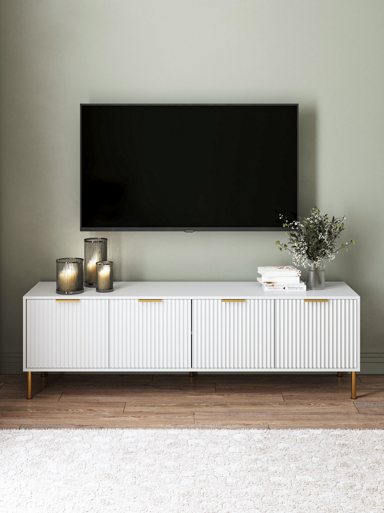 Тумба под телевизор напольная 210х40х55 см, белый с золотой фурнитурой