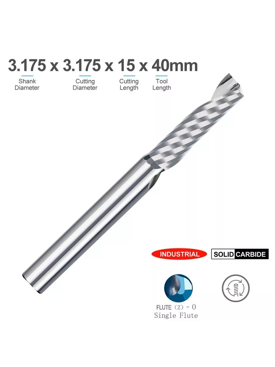 Фреза спиральная однозаходная стружка вверх 3,175х15х40 мм