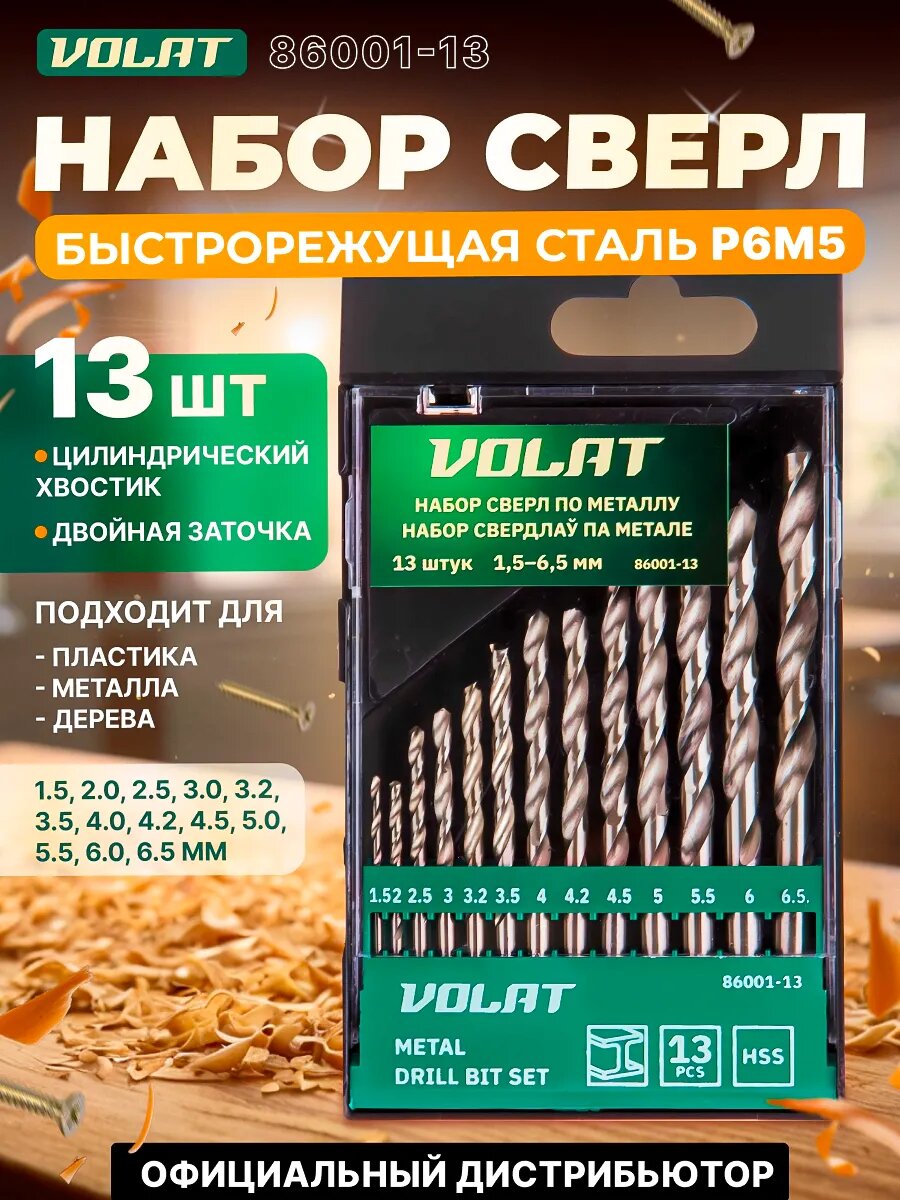 Набор сверл по металлу Волат, 86001-13, 1.5-6.5мм 13 штук, цилиндрический хвостовик