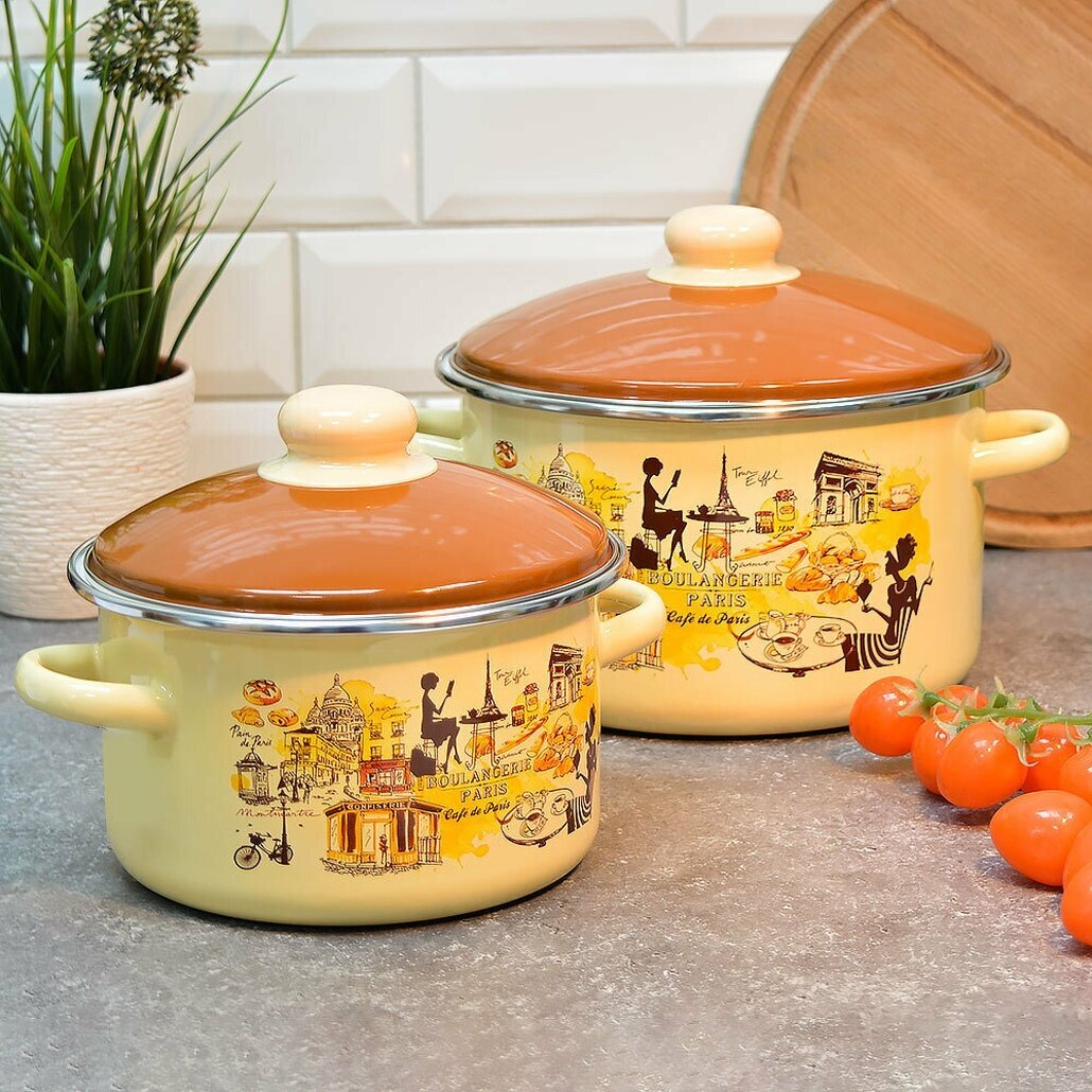 Набор кастрюль "Парижское кафе", 2л и 4л, эмалированные, с крышками