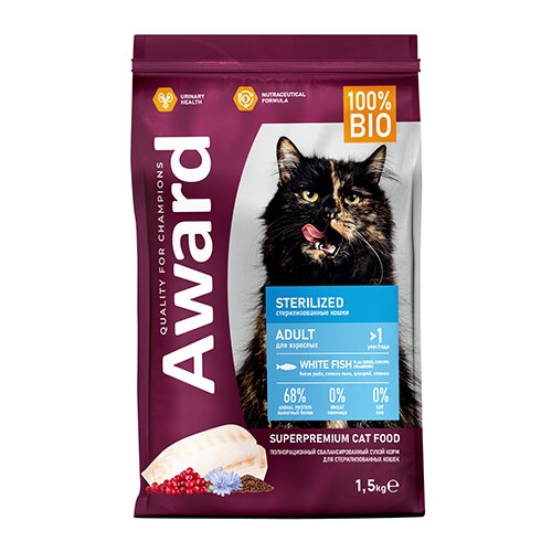 Сухой корм Авард для взрослых Стерилизованных кошек Белая рыба семя льна клюква цикорий 1,5 кг