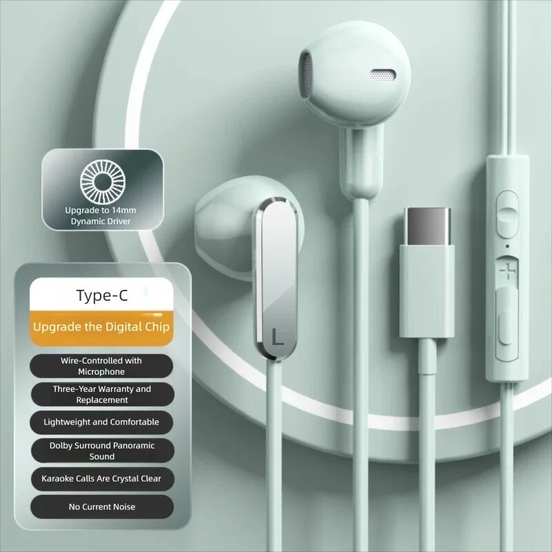Проводные наушники Type C с микрофоном для iPhone 17 Pro Green Type-c