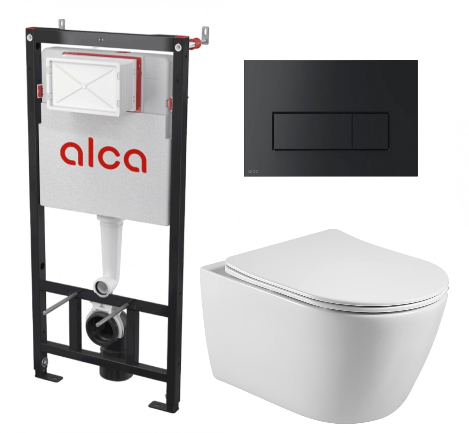 Комплект 3 в 1 инсталляция AlcaPlast + Унитаз подвесной Акватек Вега AQ1905-00 + кнопка черная