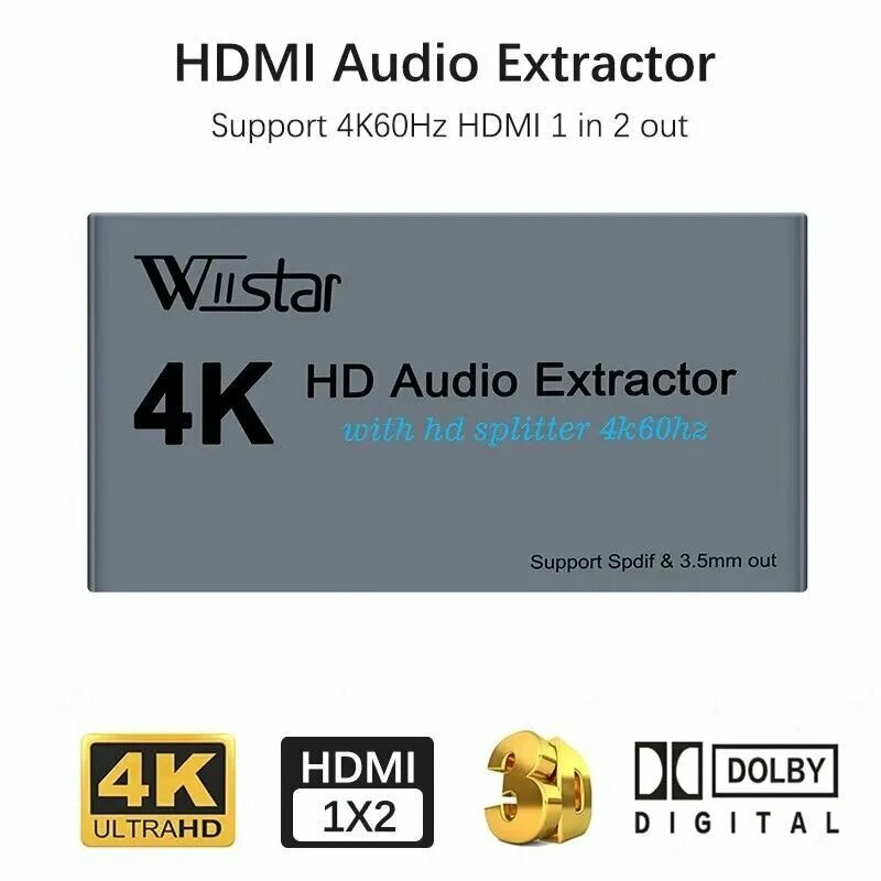 HDMI шунт аудио экстрактор, 4k@60Hz Выход 1 в 2 с оптическим Toslink SPDIF + коаксиальным + 3,5 мм аудиовыходом