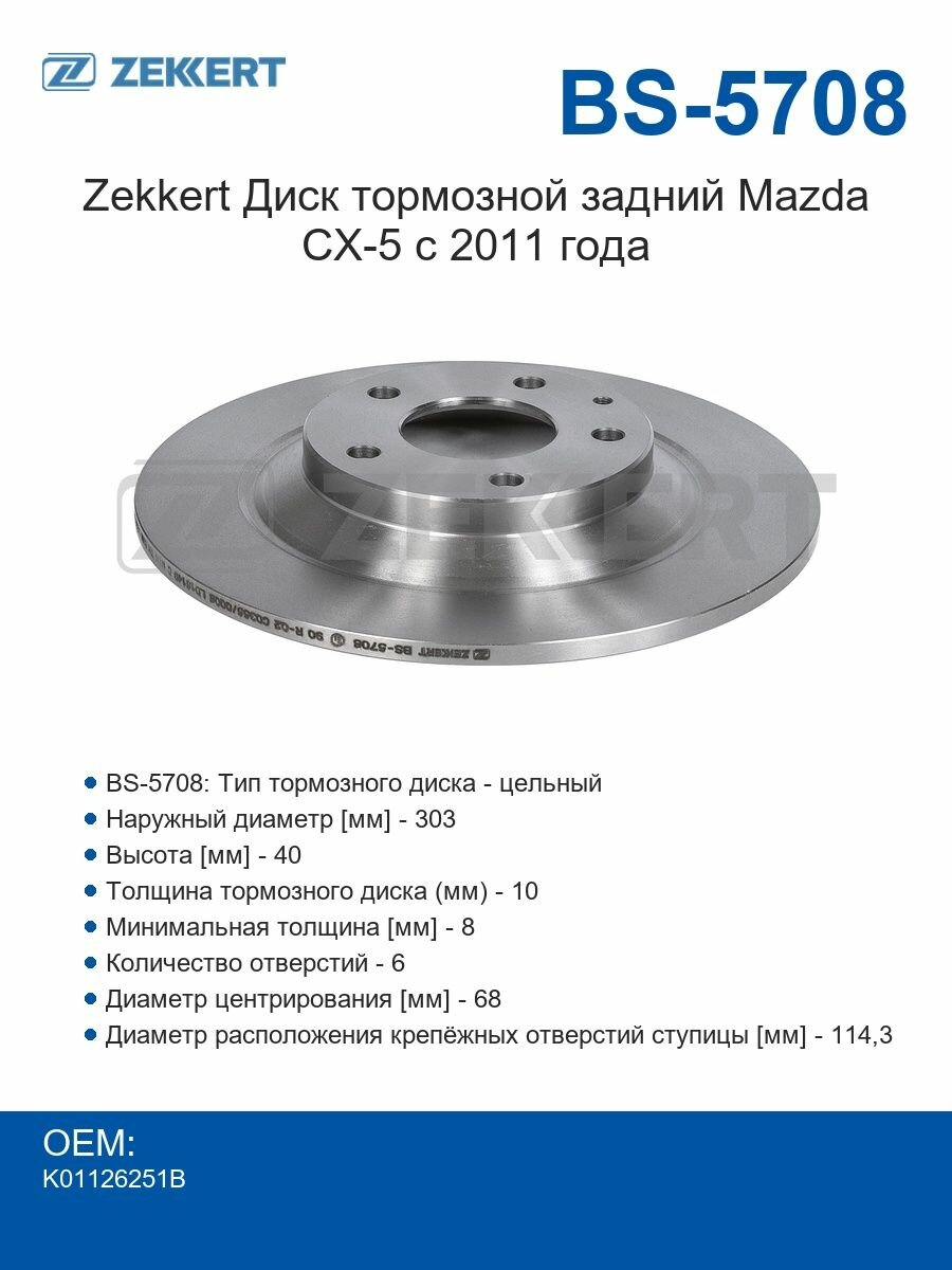 Zekkert Диск тормозной задний Mazda CX-5 с 2011 года