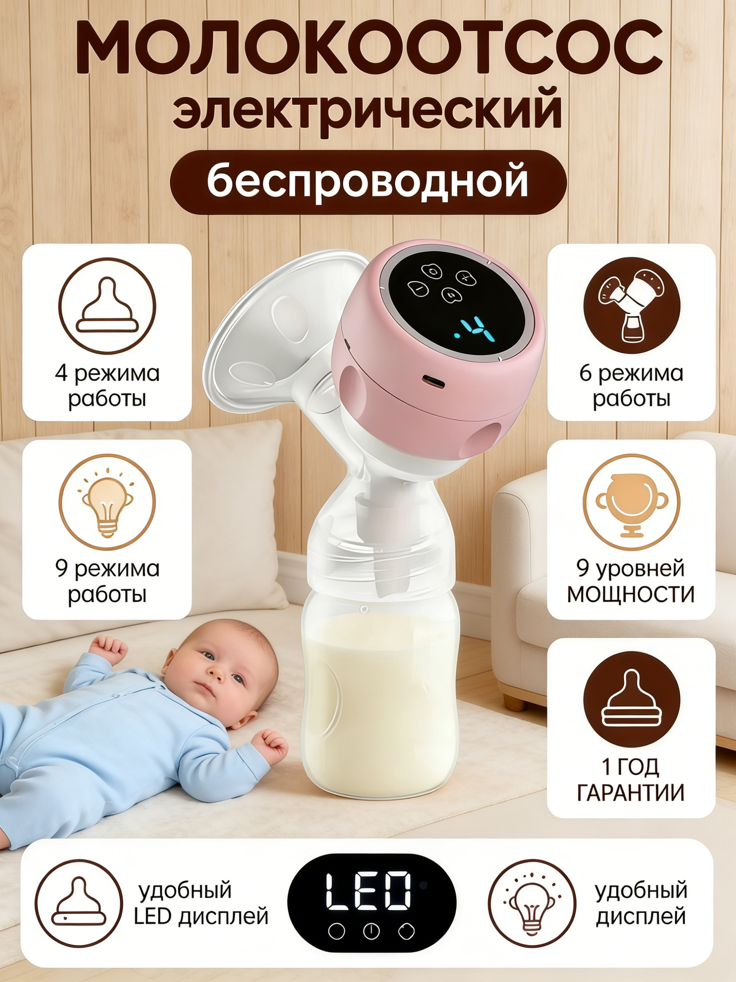Молокоотсос электрический портативный для кормления малыша с бутылочкой и соской