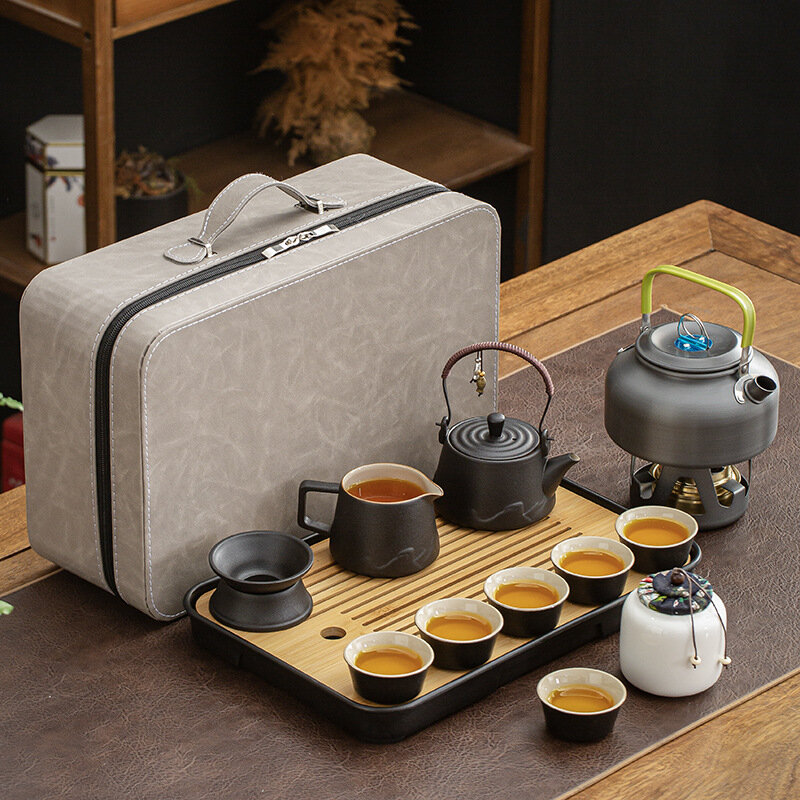 Набор для чая для путешествий на открытом воздухе, полный черный керамический автомобильный кунг-фу чайник, оборудование для кемпинга, портативная сумка, оптовая продажа