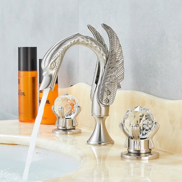 Rozin Gold Swan Basin Faucet Luxury Deck Mounted Dual Crystal Handle Bathroom Mixer Tap Cold and Hot Water Mixer Faucet