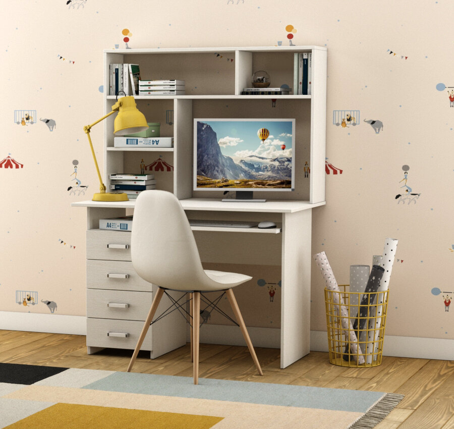 Стол письменный, стол компьютерный Лайт (Ньюкасл) 4К с надстройкой белое дерево