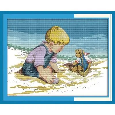 Набор для вышивания крестом «Дети на пляже» Joy Sunday 14CT 11CT R913, 14CT Unprinted