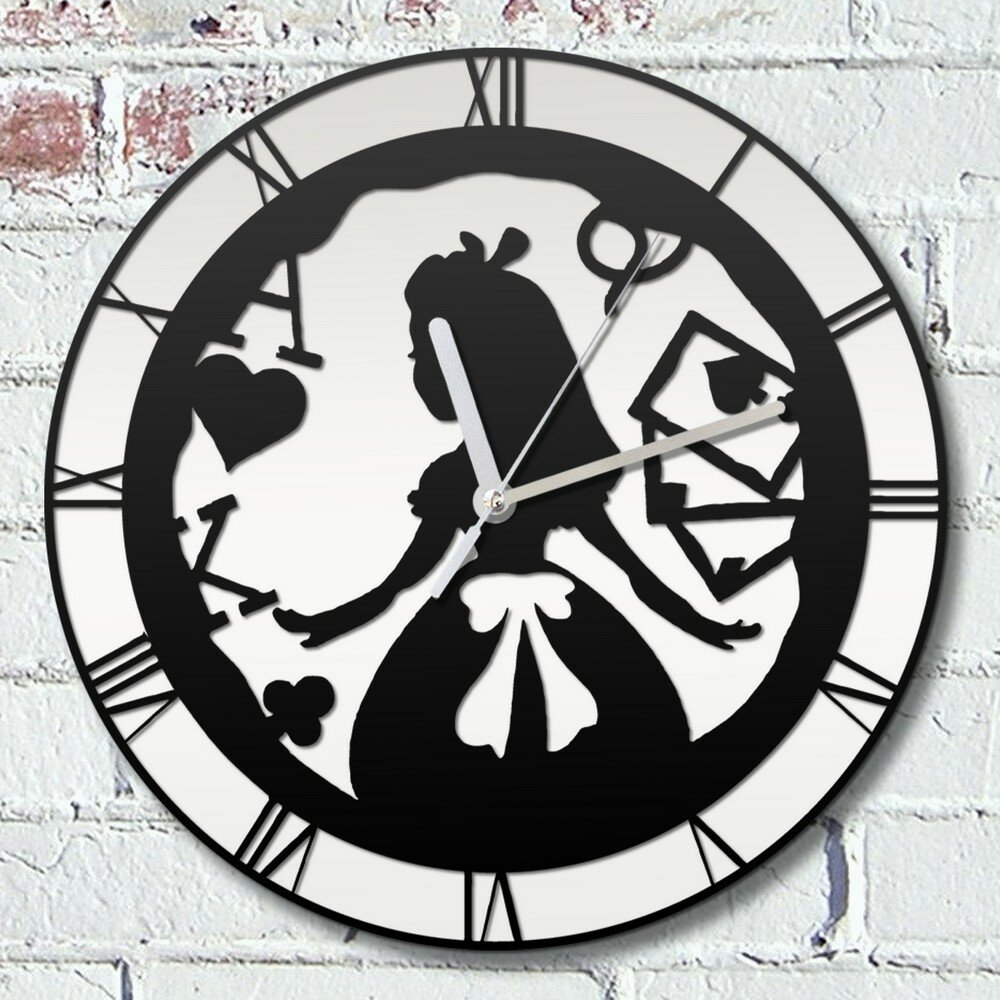 Настенные деревянные бесшумные часы сказки алиса в стране чудес (шляпник, чеширский кот, кролик, стимпанк) - 5037