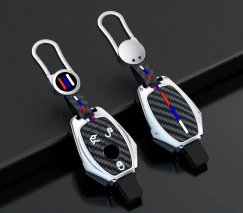 Чехол для ключа Mercedes / Мерседес 3 кнопки металл Carbon Silver