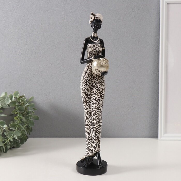 Фигурка полистоун «Африканка в платье с листьями, с горшком», белый с чёрным, 8.5×8×39 см