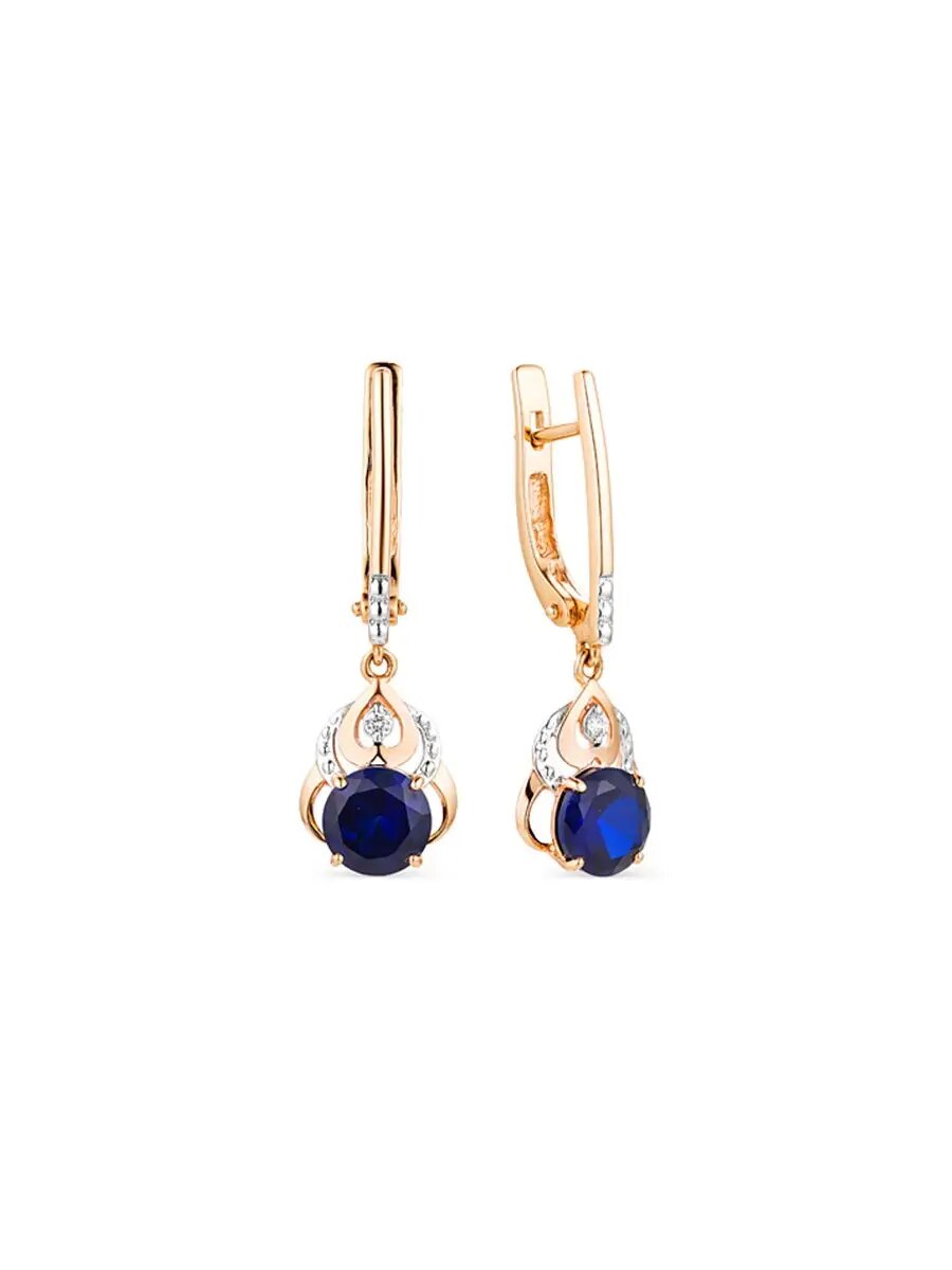 Серьги, красное золото, 585 проба, бриллиант, сапфир синтетический, сапфир