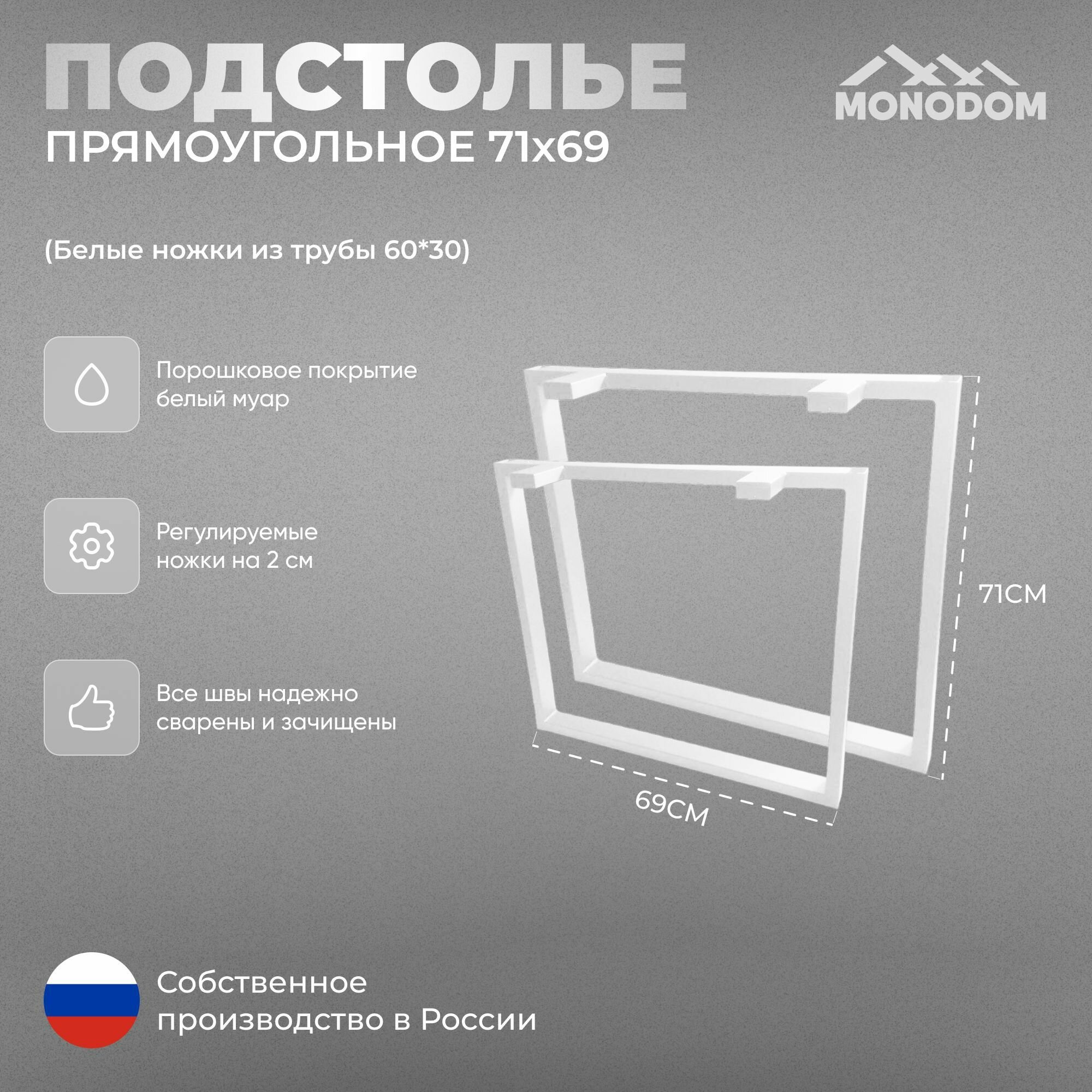 Ножки для стола 71х69см, комплект ножек 2шт, подстолье в лофт, металлические из трубы 60х30, белое, подстолье прямоугольное, ножки лофт, стола регулируемые +2см.