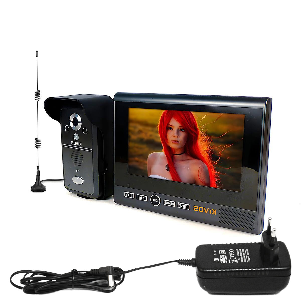 Беспроводной переносной видеодомофон 7 дюймов Kiwos/Plus-7 REC (1/1) с записью на SD карту и беспроводная аккумуляторная вызывная панель с антенной.
