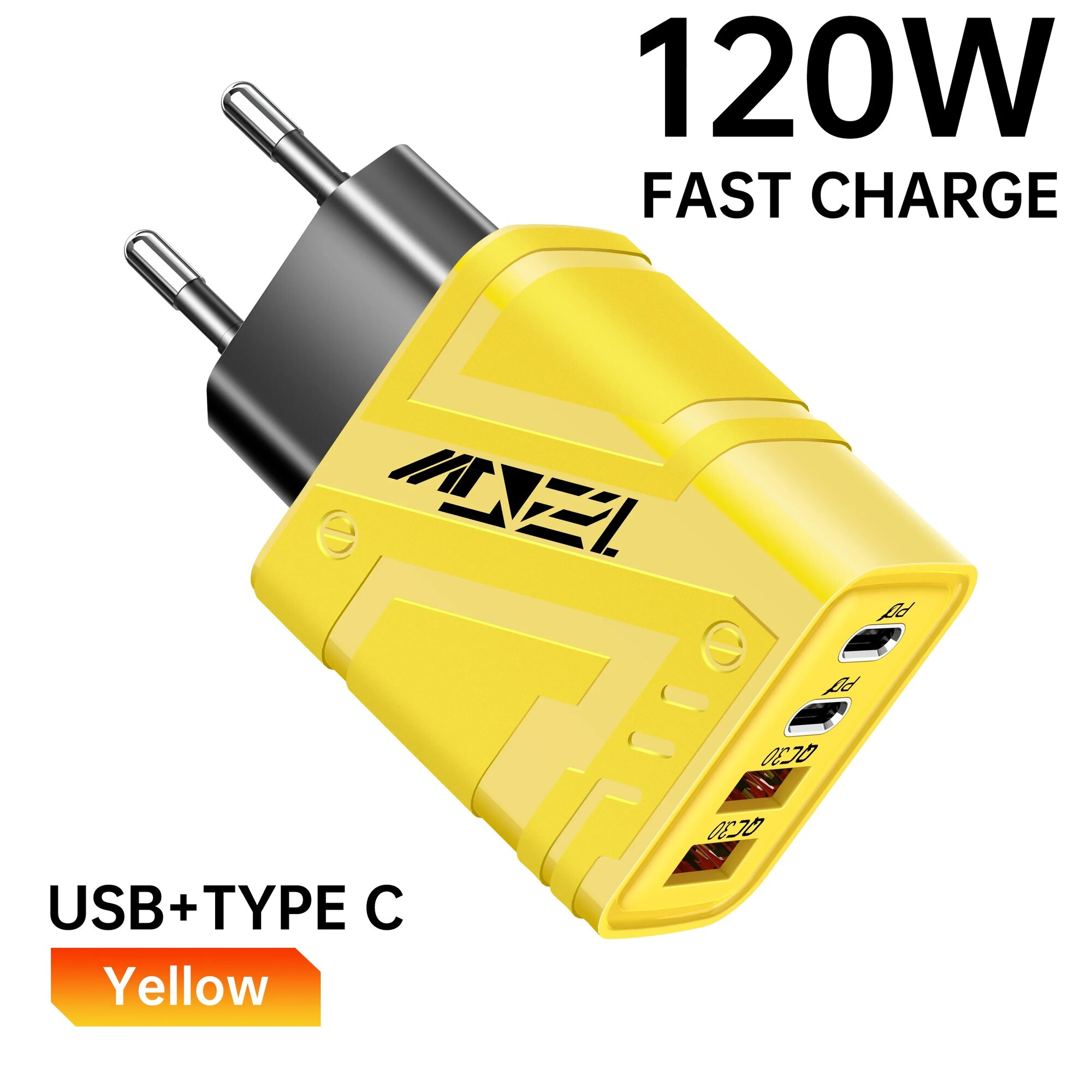Зарядное устройство USB Type C, 120 Вт, адаптер питания для быстрой зарядки телефона EU Plug Yellow