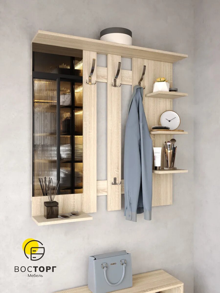 Вешалка настенная с зеркалом и обувница "ВосторгМебель", комплект прихожей, ЛДСП, цвет дуб сонома