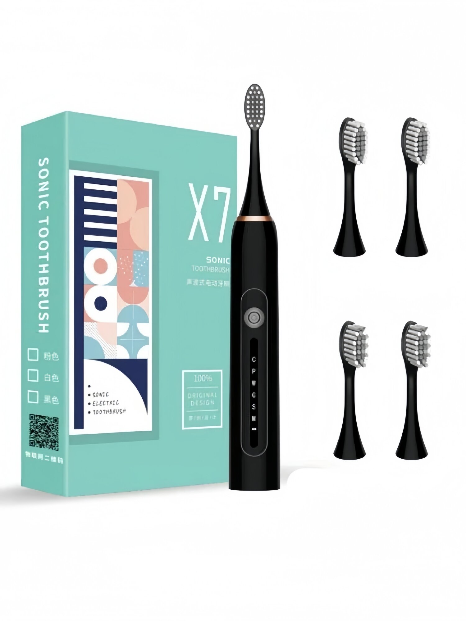 Электрическая ультразвуковая зубная щетка / 4 насадки / Зубная щетка / SONIC TOOTHBRUSH X7, черный
