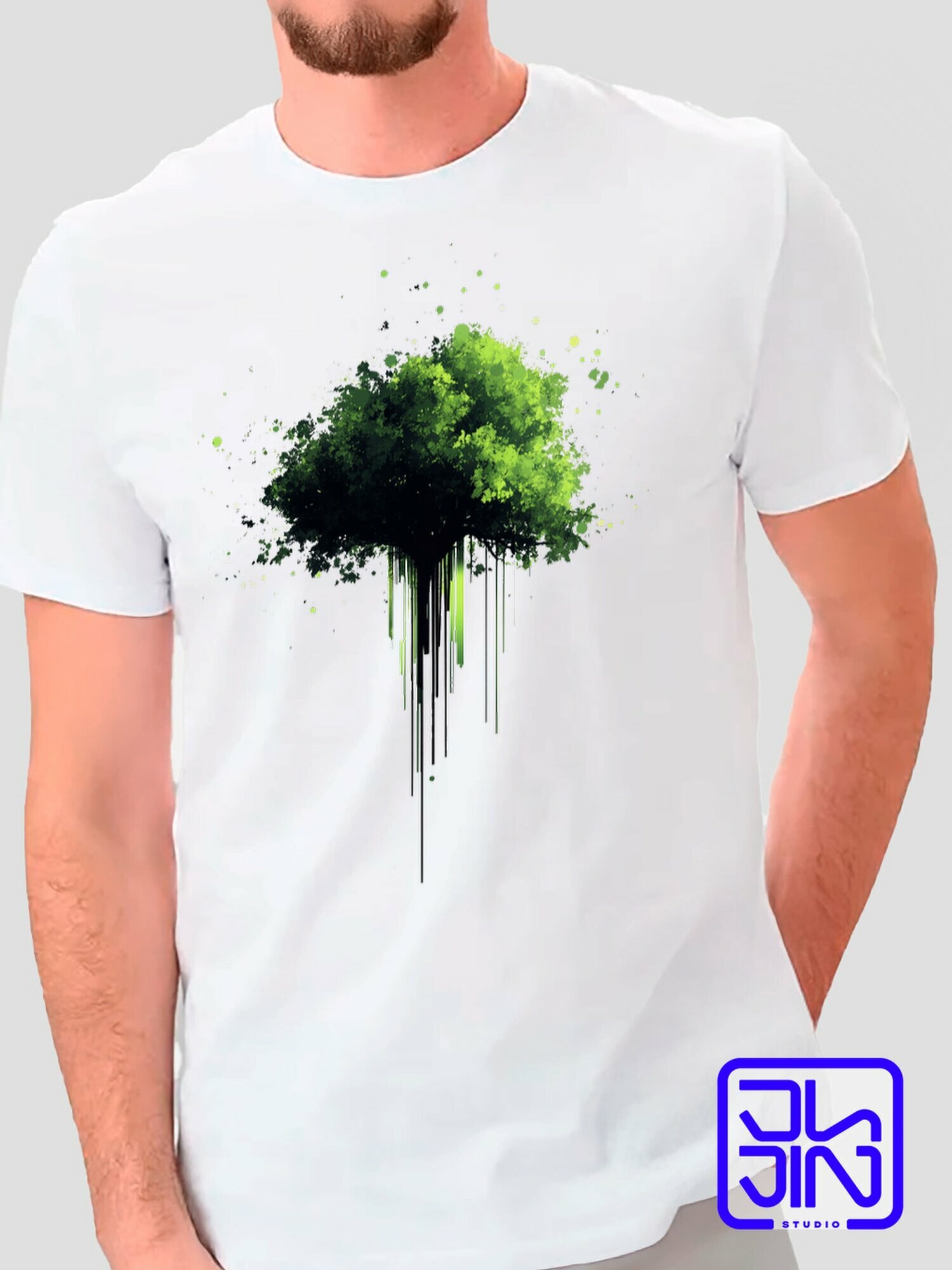 Футболка Jujin Studio классическая мужская с авторским принтом Абстрактное черно-зеленое дерево в стиле граффити, черно-белая природа, белый хлопковый трикотаж с прикольным рисунком на груди