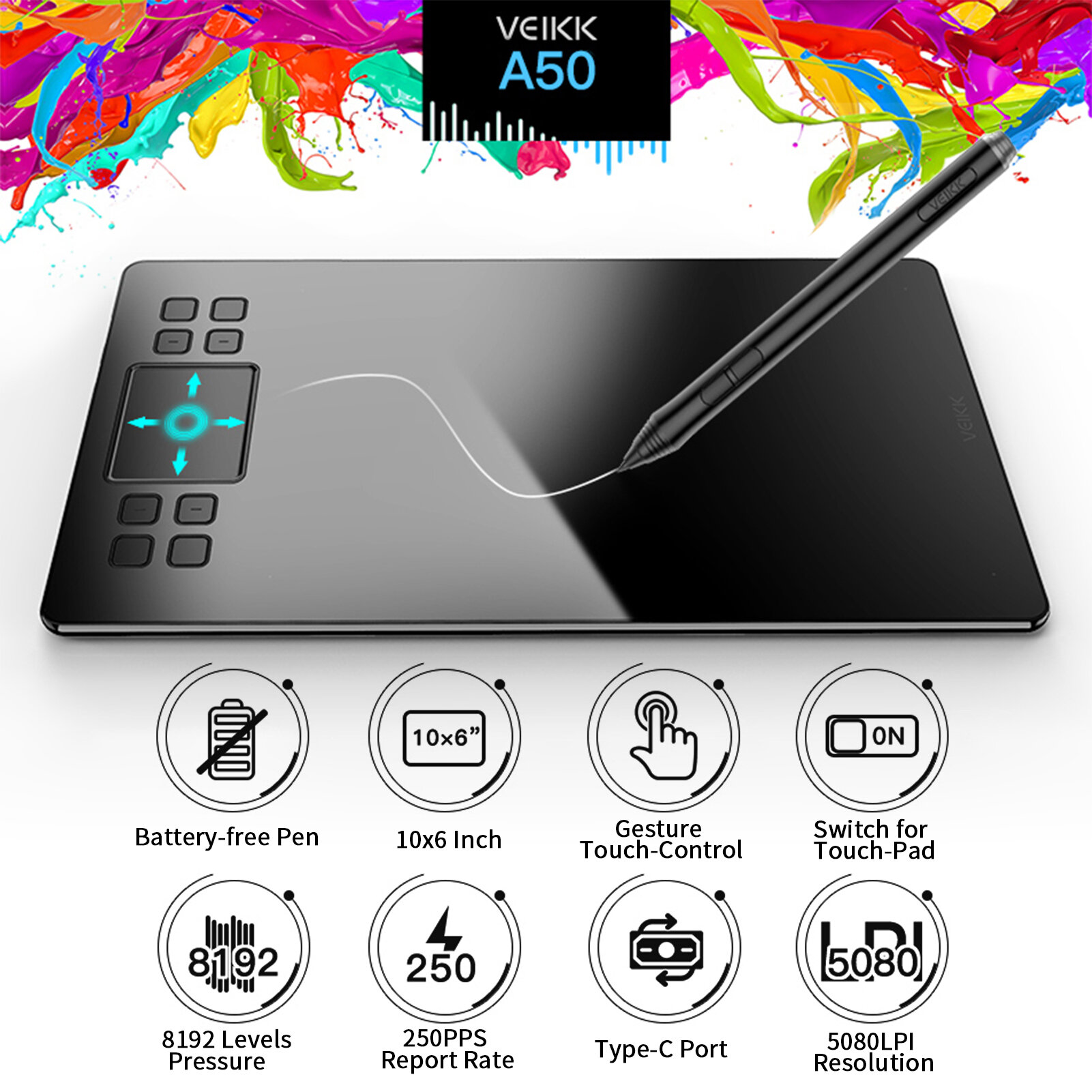 VEIKK A50 10x6" графический планшет, 8 клавиш, сенсорная панель, 8192 уровня давления, совместим с Windows/Mac/Android