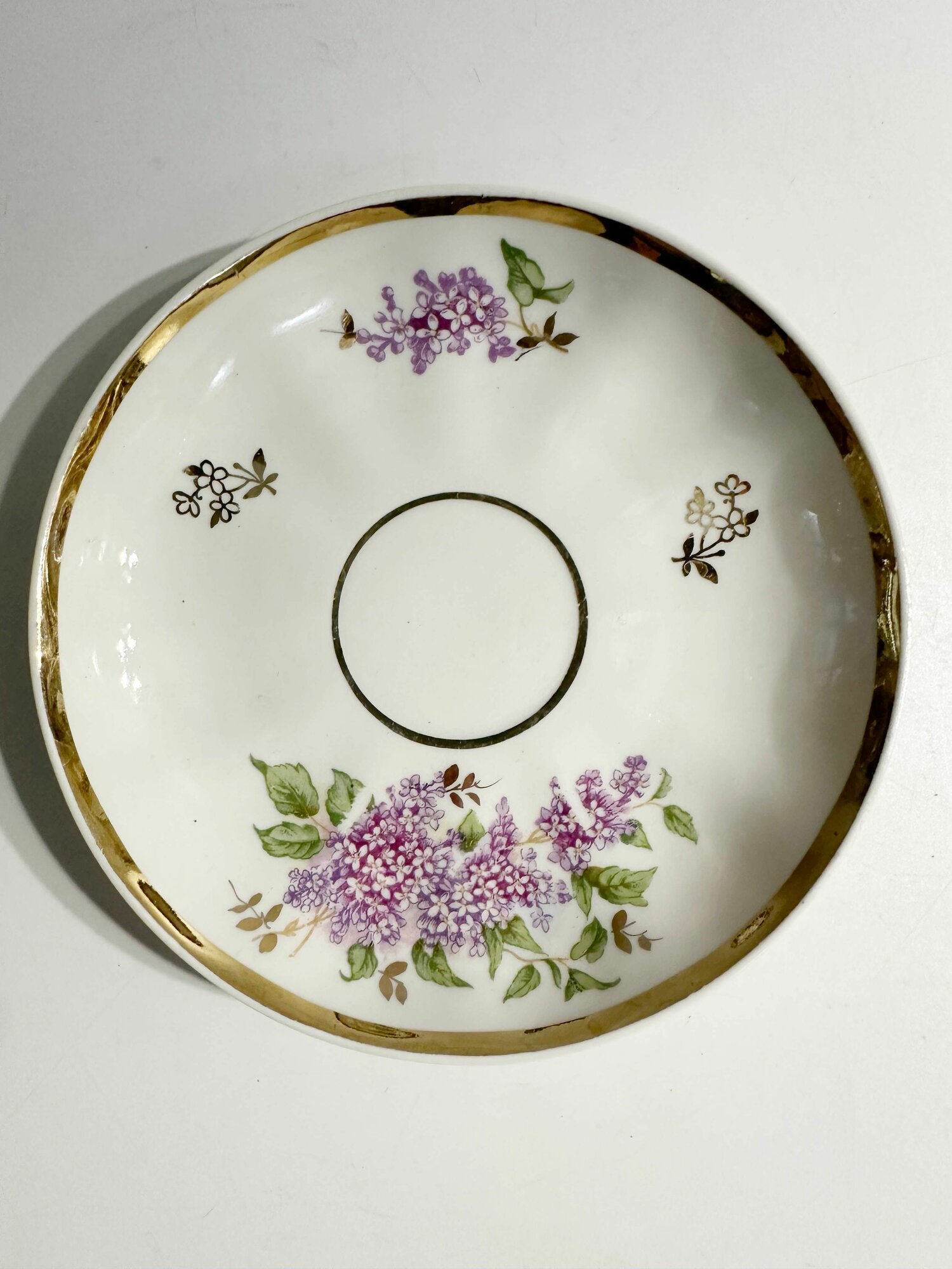 Блюдце "Сирень", фарфор, деколь, золочение, Дулевский фарфоровый завод, СССР, 1952-1964 гг.