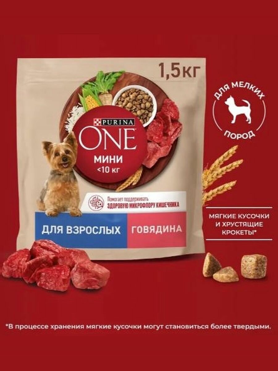 Сухой корм для собак Purina ONE мини для мелких и карликовых пород, с говядиной и рисом, 1,5 кг