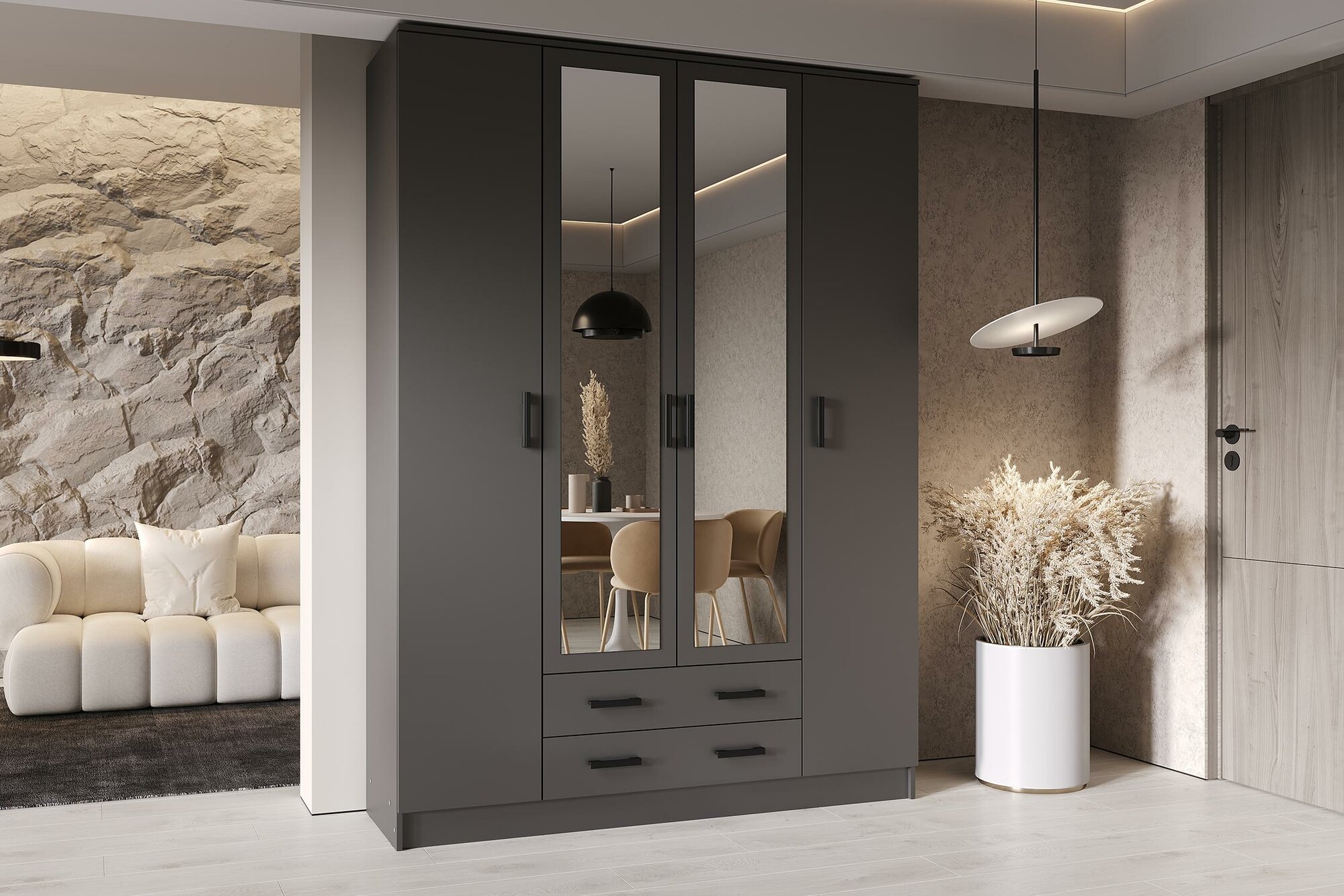 Шкаф для одежды Нонтон Квадро, 160x48x220 см, 2 зеркала, 2 ящика, графит